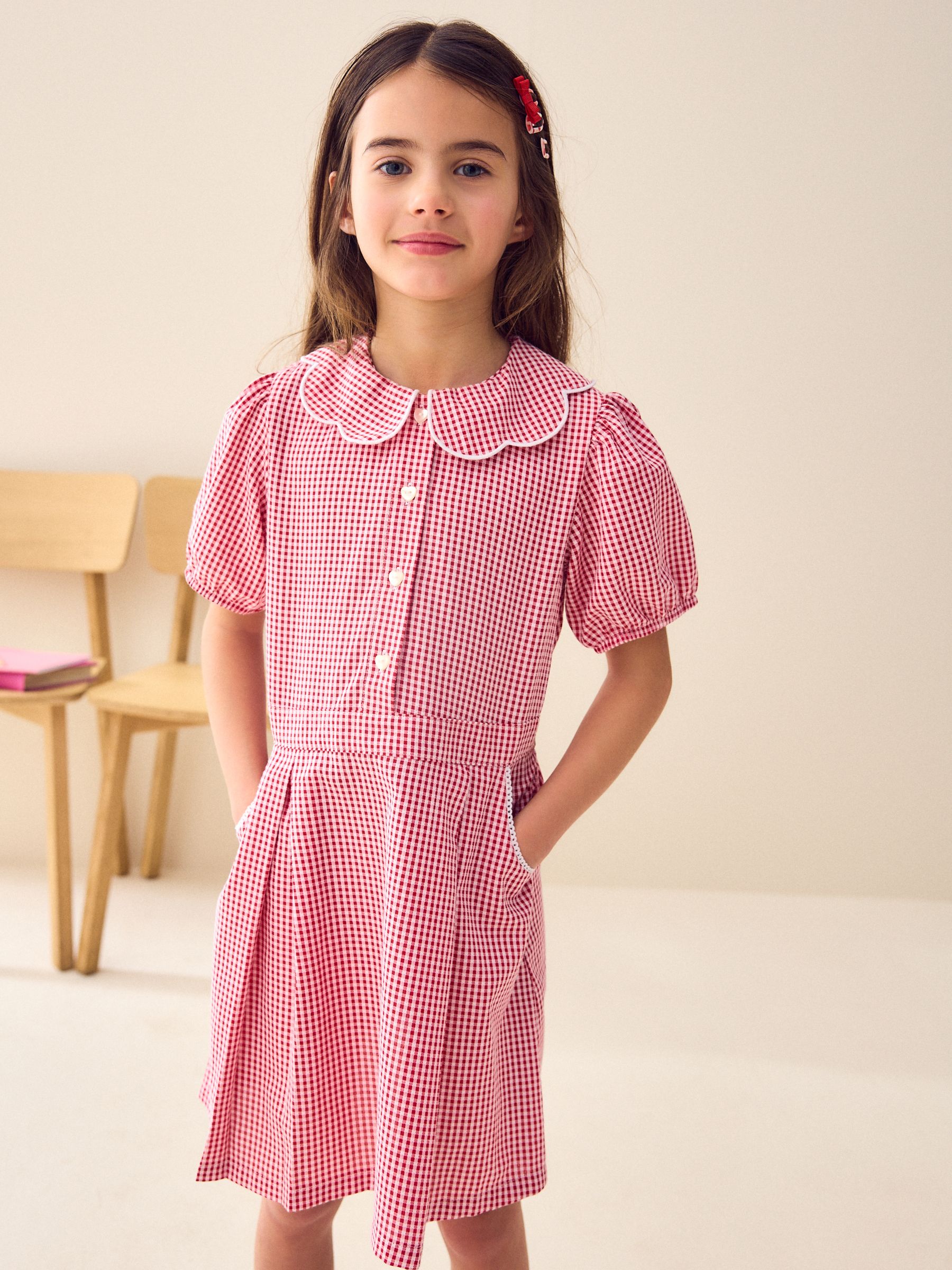 Buy Red Cotton Rich Scalloped Collar Gingham School Dress (3-14yrs ...