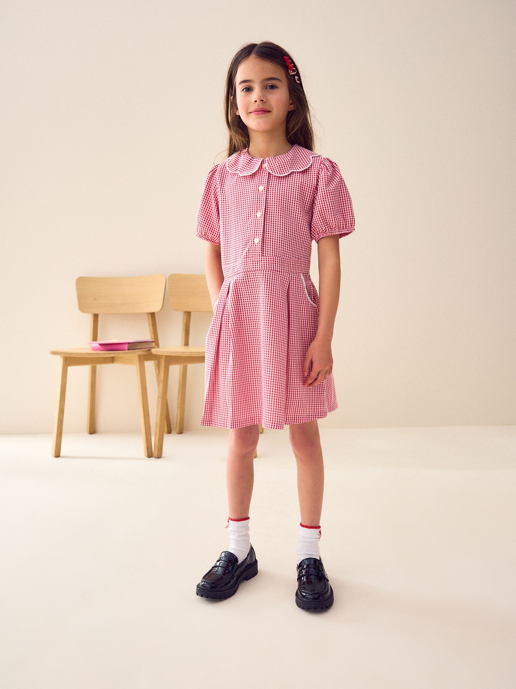 Buy Red Cotton Rich Scalloped Collar Gingham School Dress (3-14yrs ...