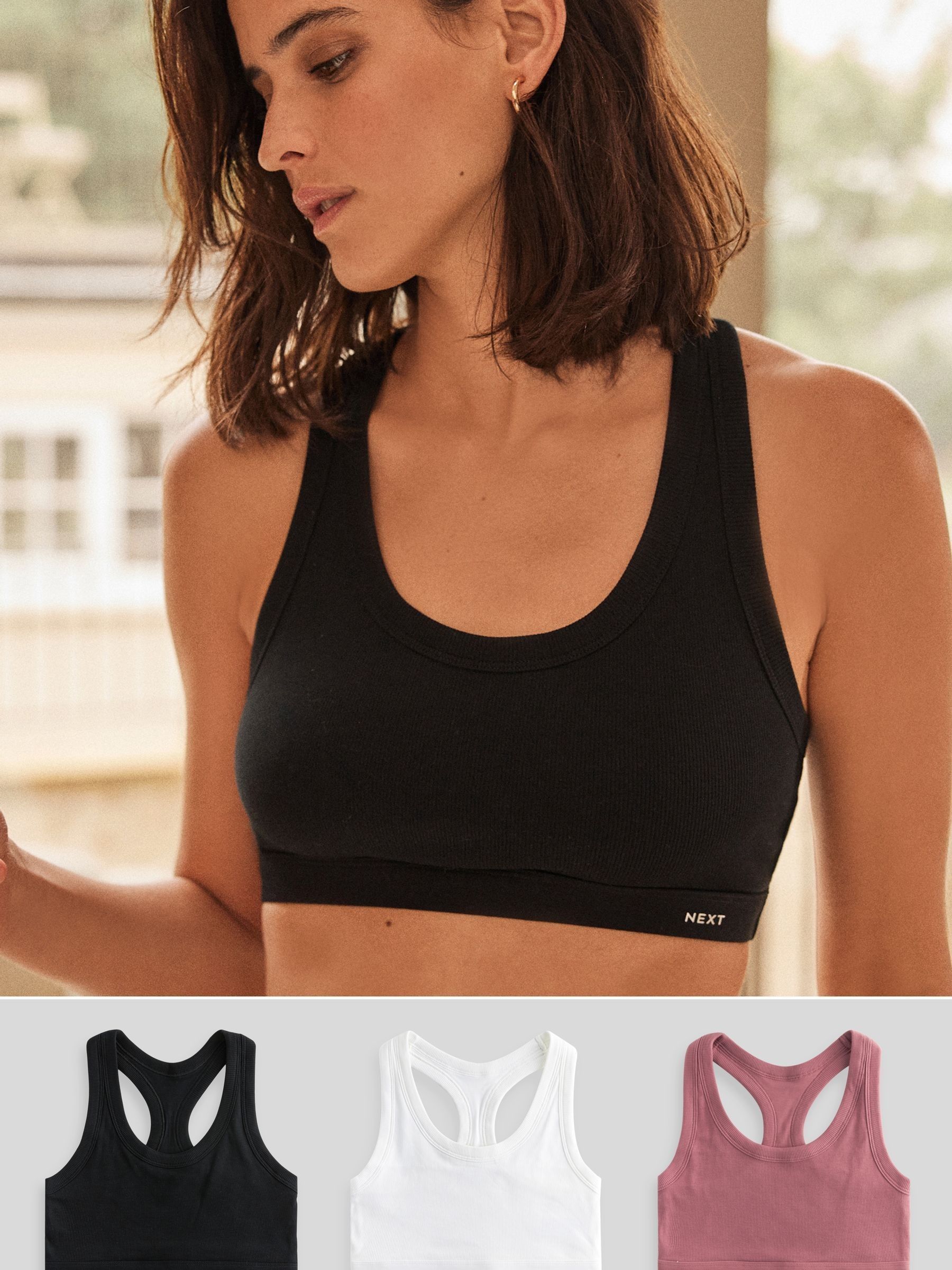 Buy Black/Rose Pink/White Ribbed Cotton Ultimate Comfort Crop Tops 3 ...