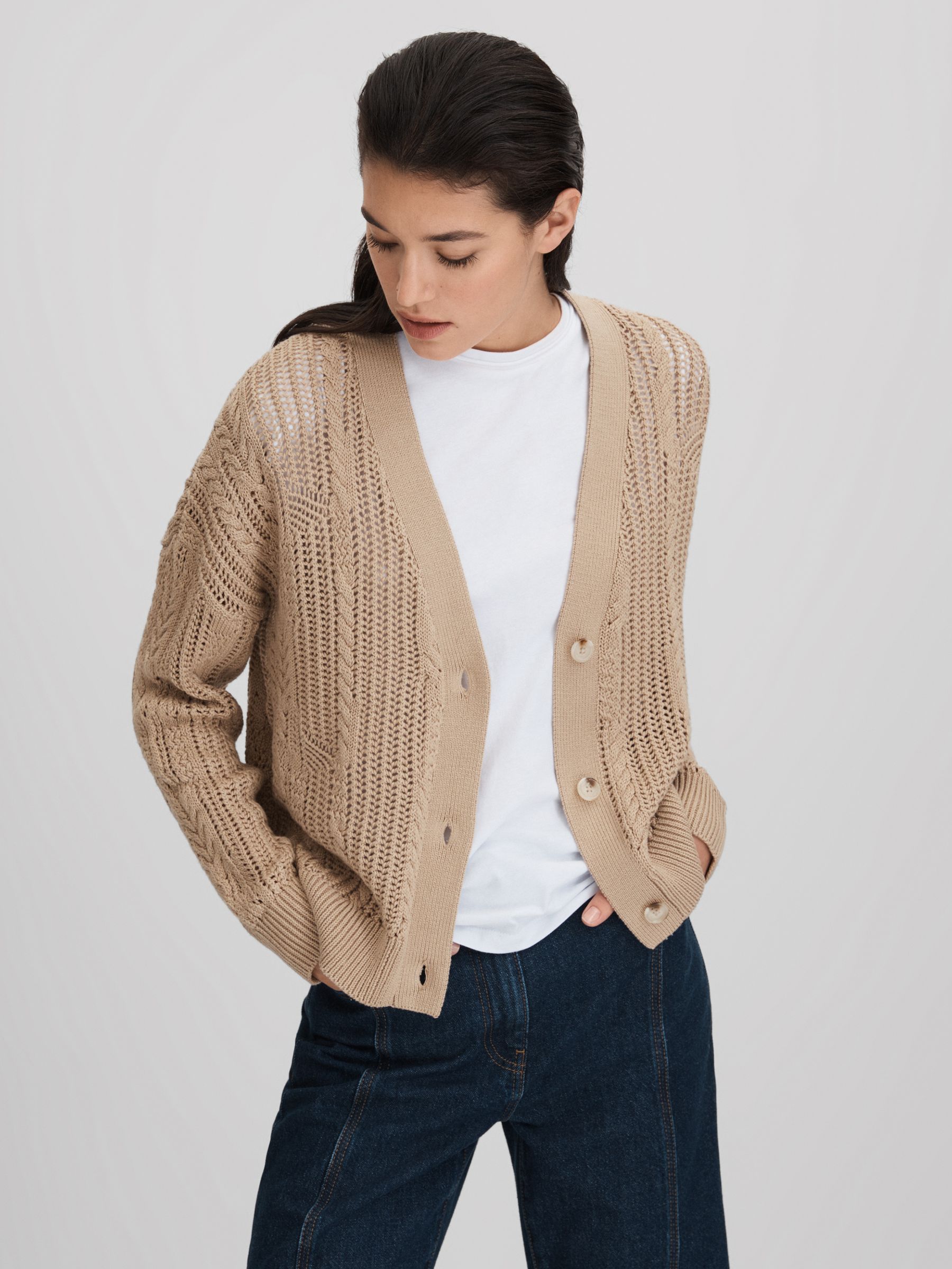 Buy Reiss Neutral Tiffany Cotton Blend Open Stitch Cardigan from Next ...