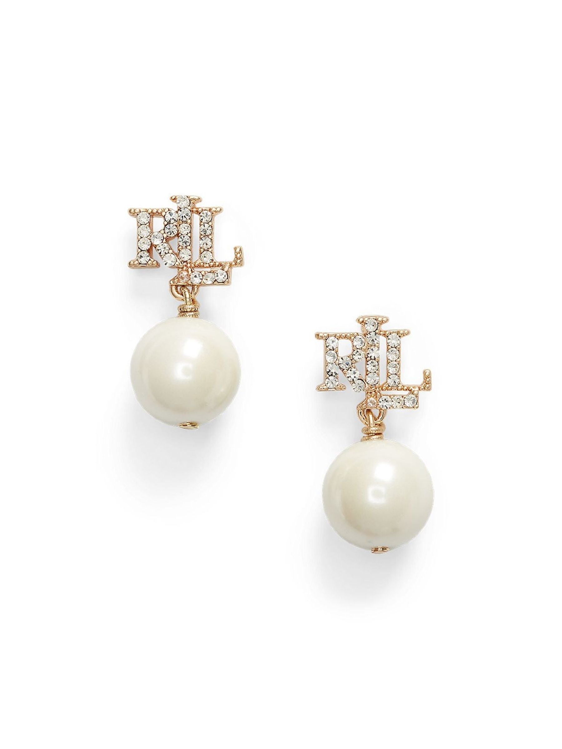 Buy Lauren Ralph Lauren Gold Tone & Crystal Logo Faux Pearl Drop ...