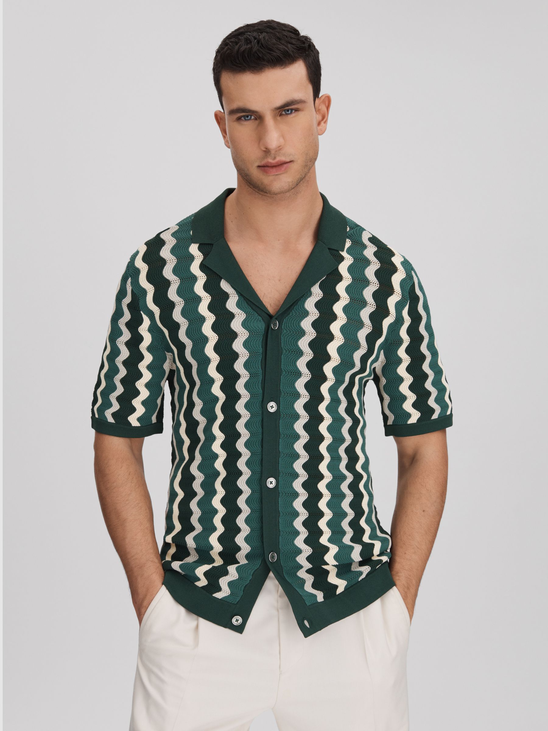 Buy Reiss Green Multi Waves Knitted Cuban Collar Shirt from the Next UK ...