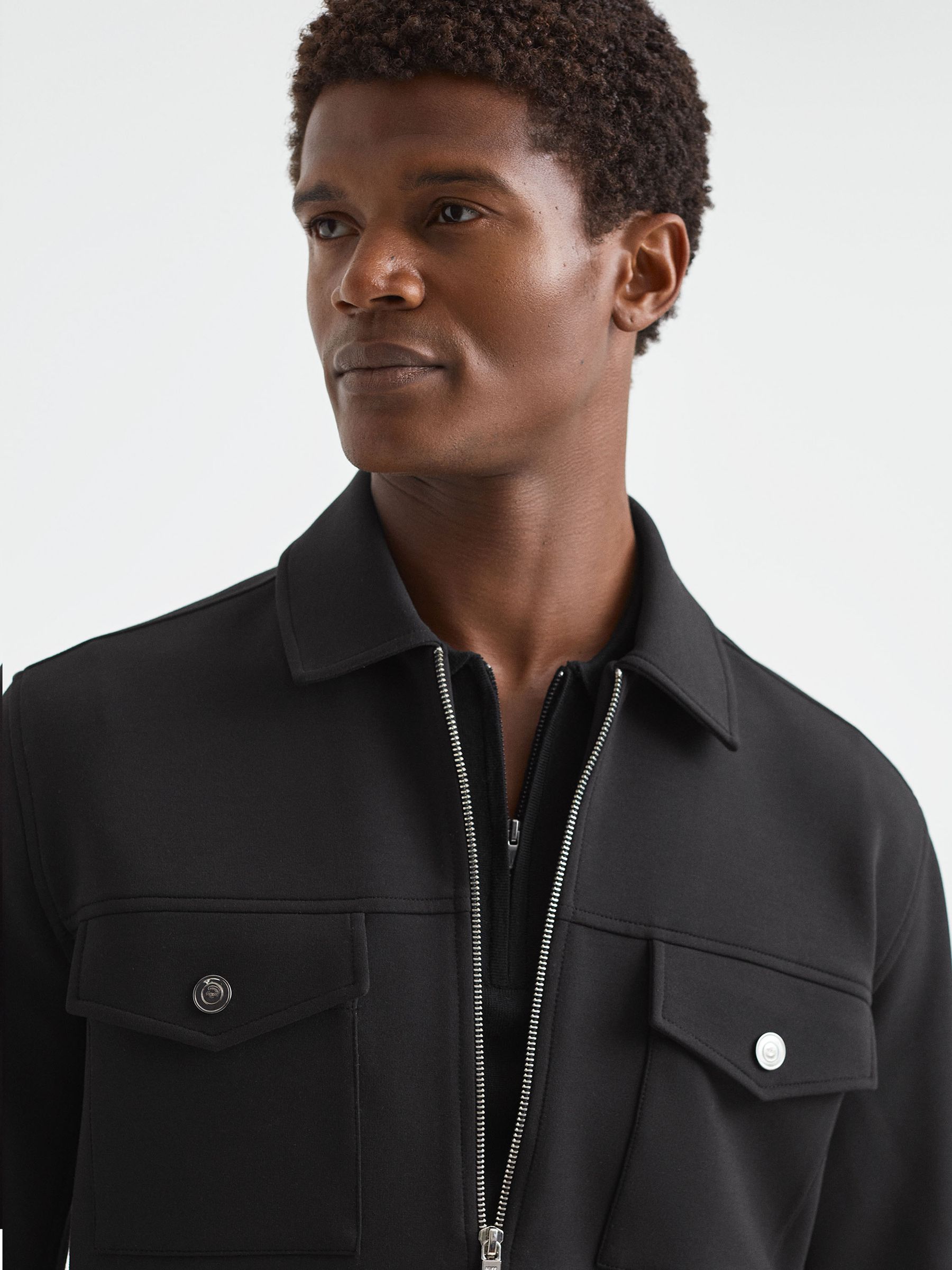 Buy Reiss Black Medina Premium Interlock Zip-Through Overshirt from the ...