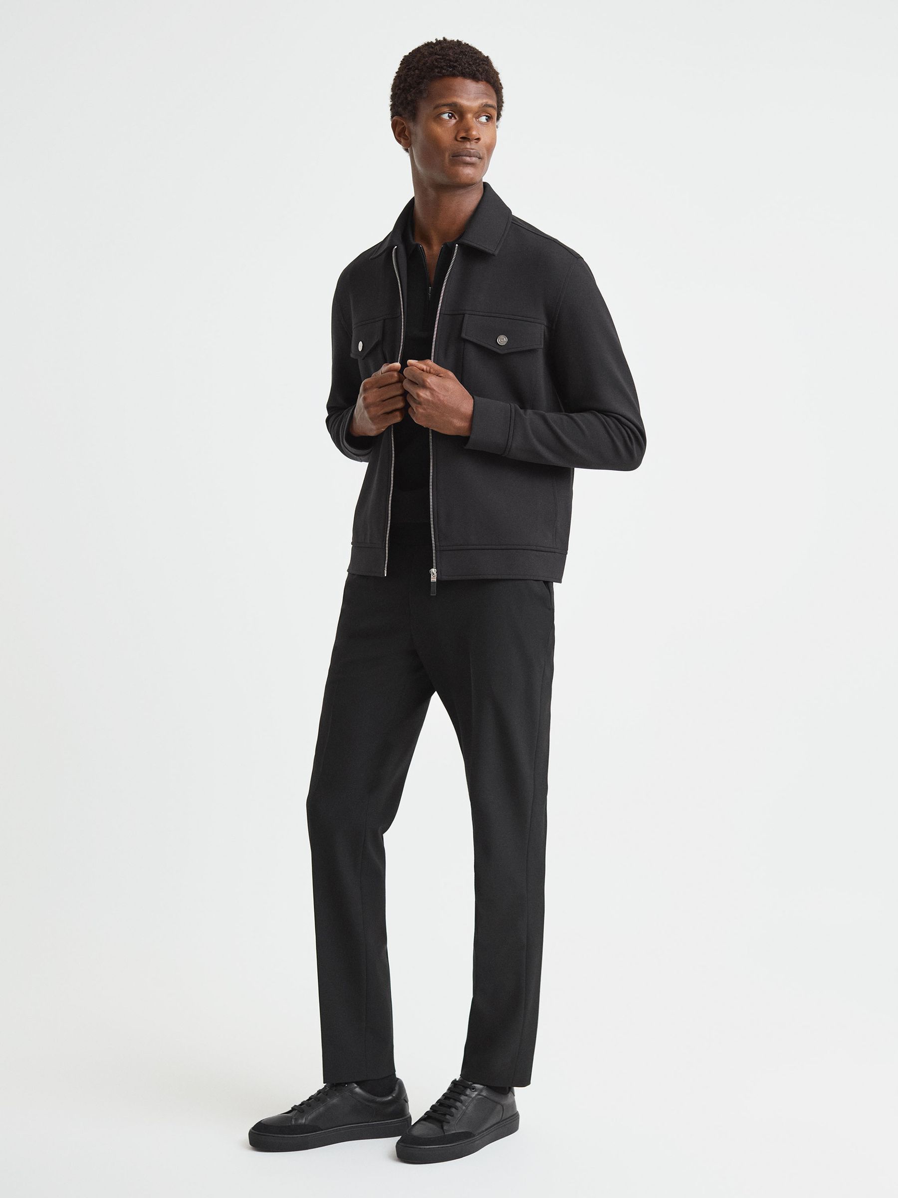 Buy Reiss Black Medina Premium Interlock Zip-Through Overshirt from the ...