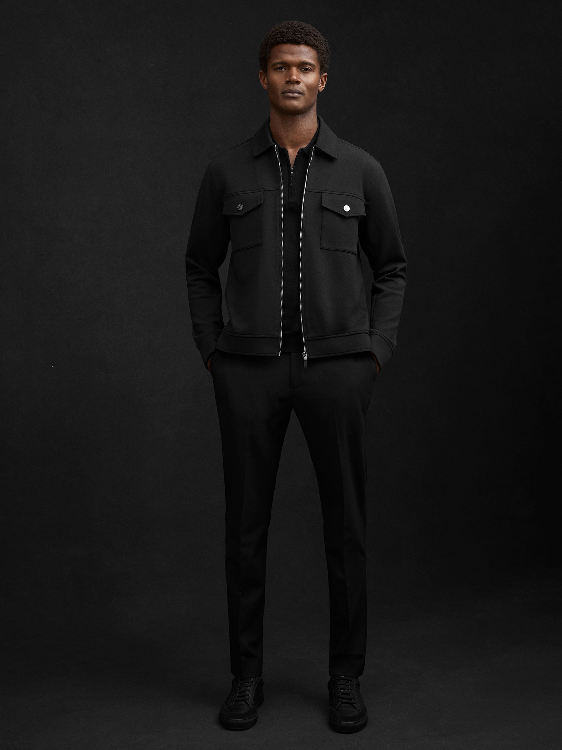 Buy Reiss Black Medina Premium Interlock Zip-Through Overshirt from the ...