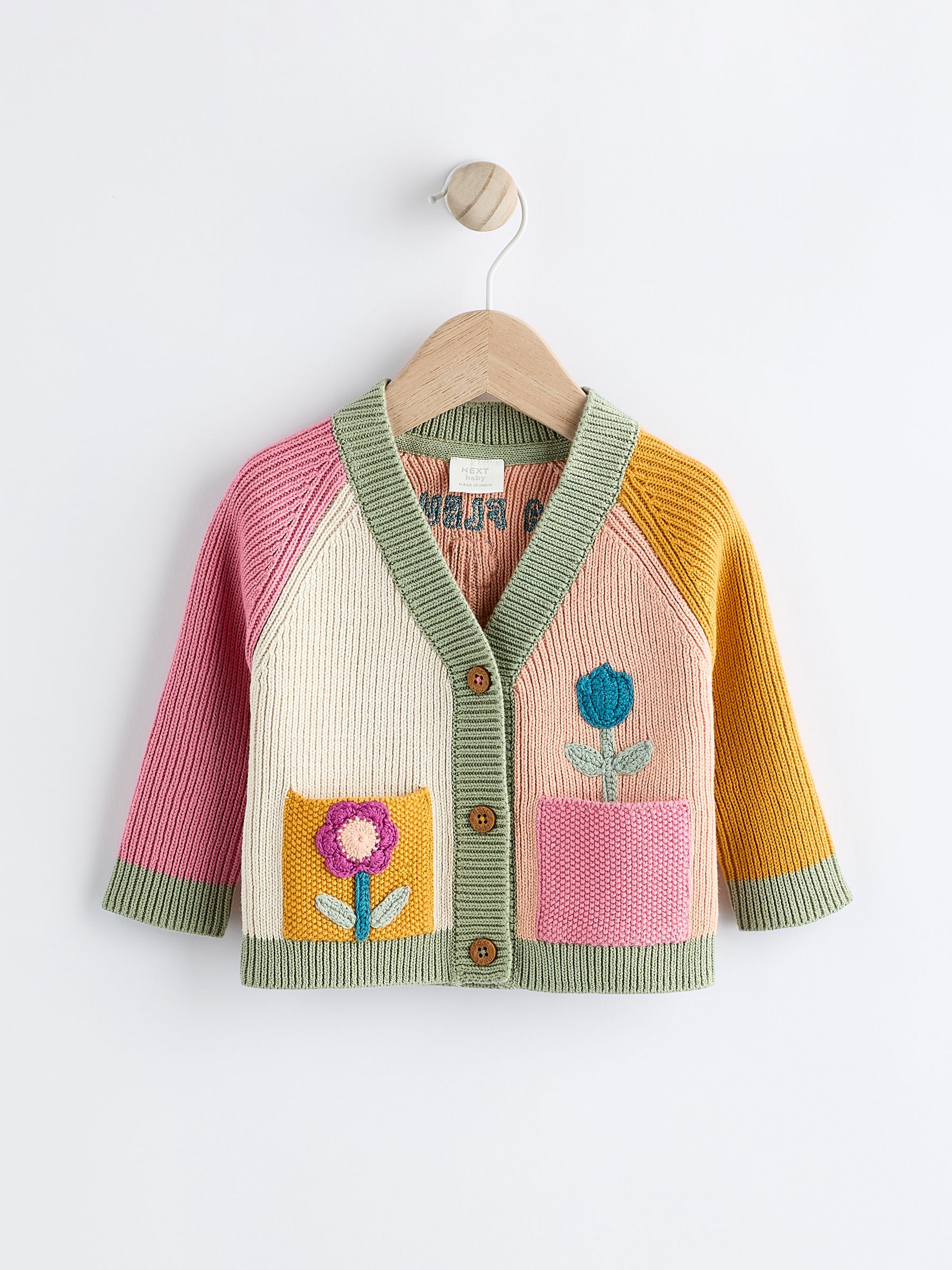 Buy Pink/Yellow Colourblock Baby Embroidered Knitted 100% Cotton ...