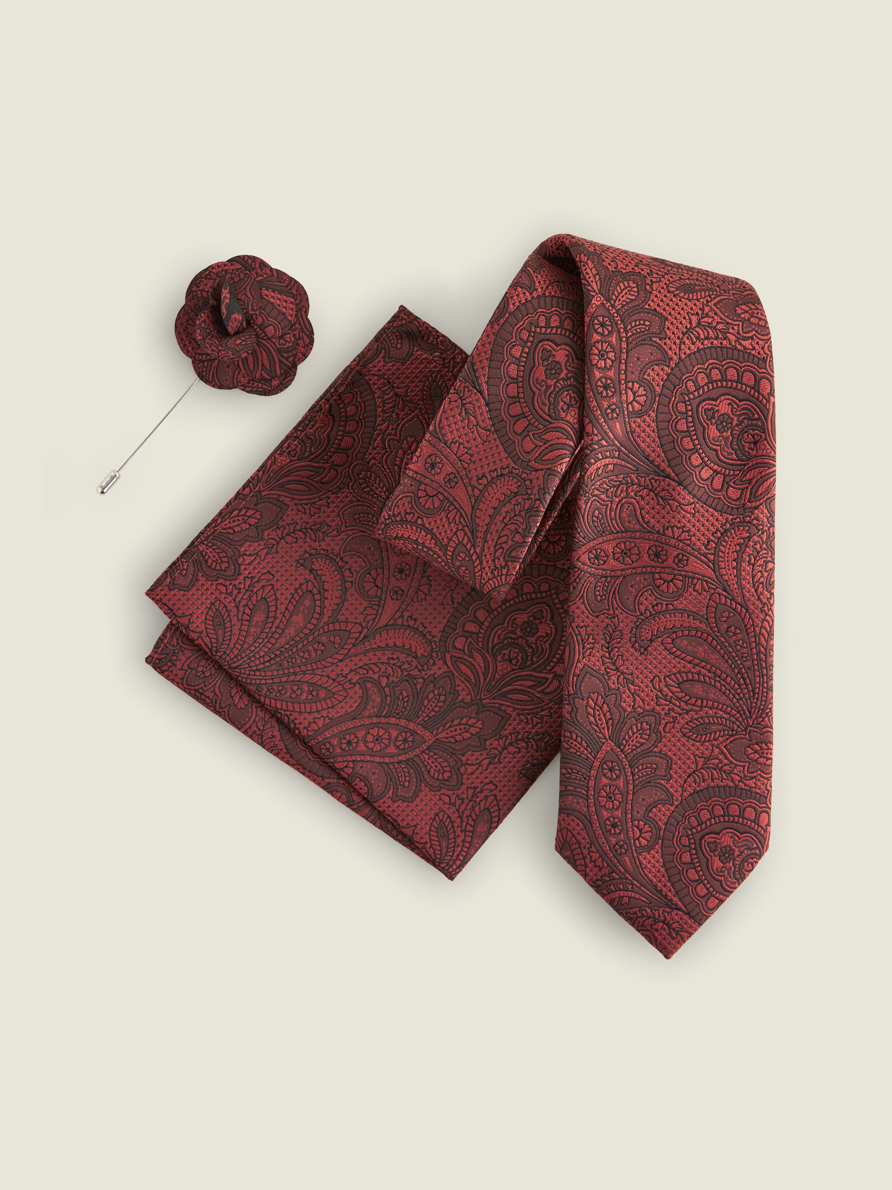 Buy Rust Orange Textured Paisley Tie, Pocket Square And Pin Set from ...