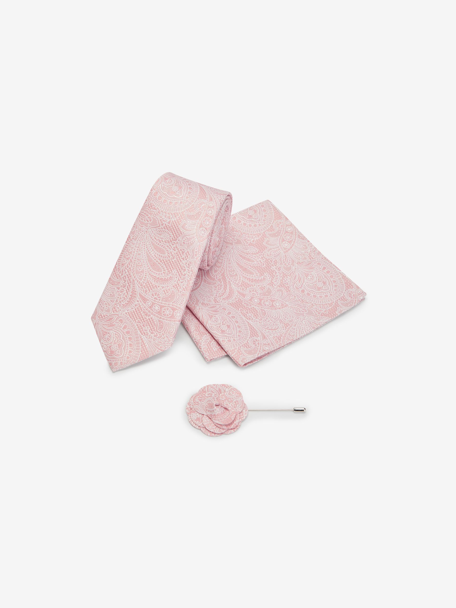 Buy Light Pink Textured Paisley Tie, Pocket Square And Pin Set from the ...