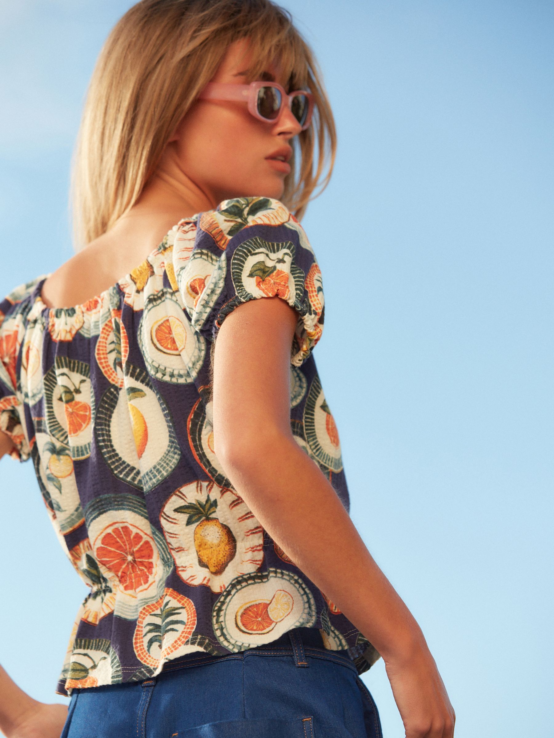 Buy Blue Fruit Print 100% Cotton Bardot Puff Sleeve Blouse from the ...