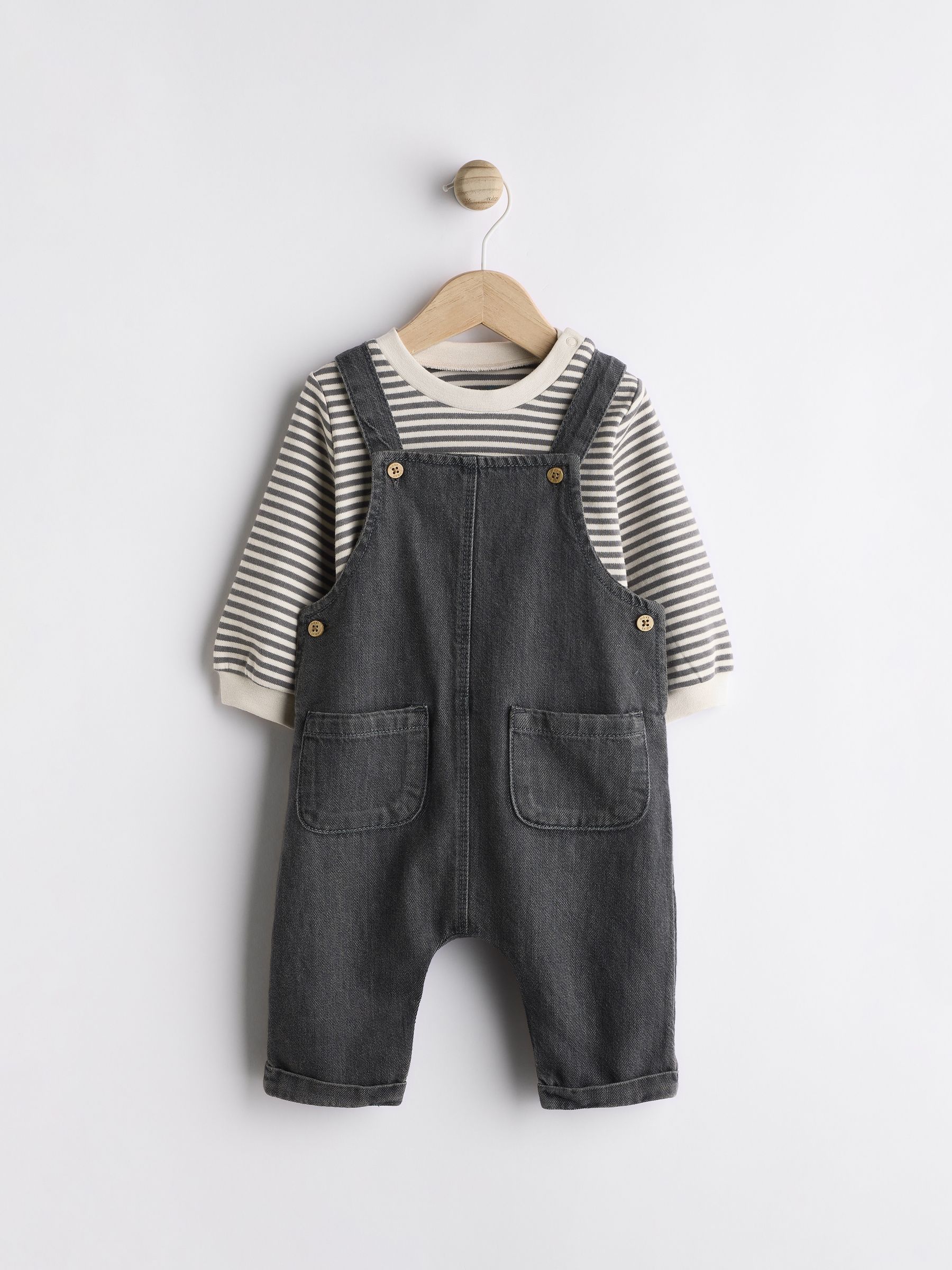 Buy Black/Grey Baby Denim Dungarees and Bodysuit Set (0mths-2yrs) from ...