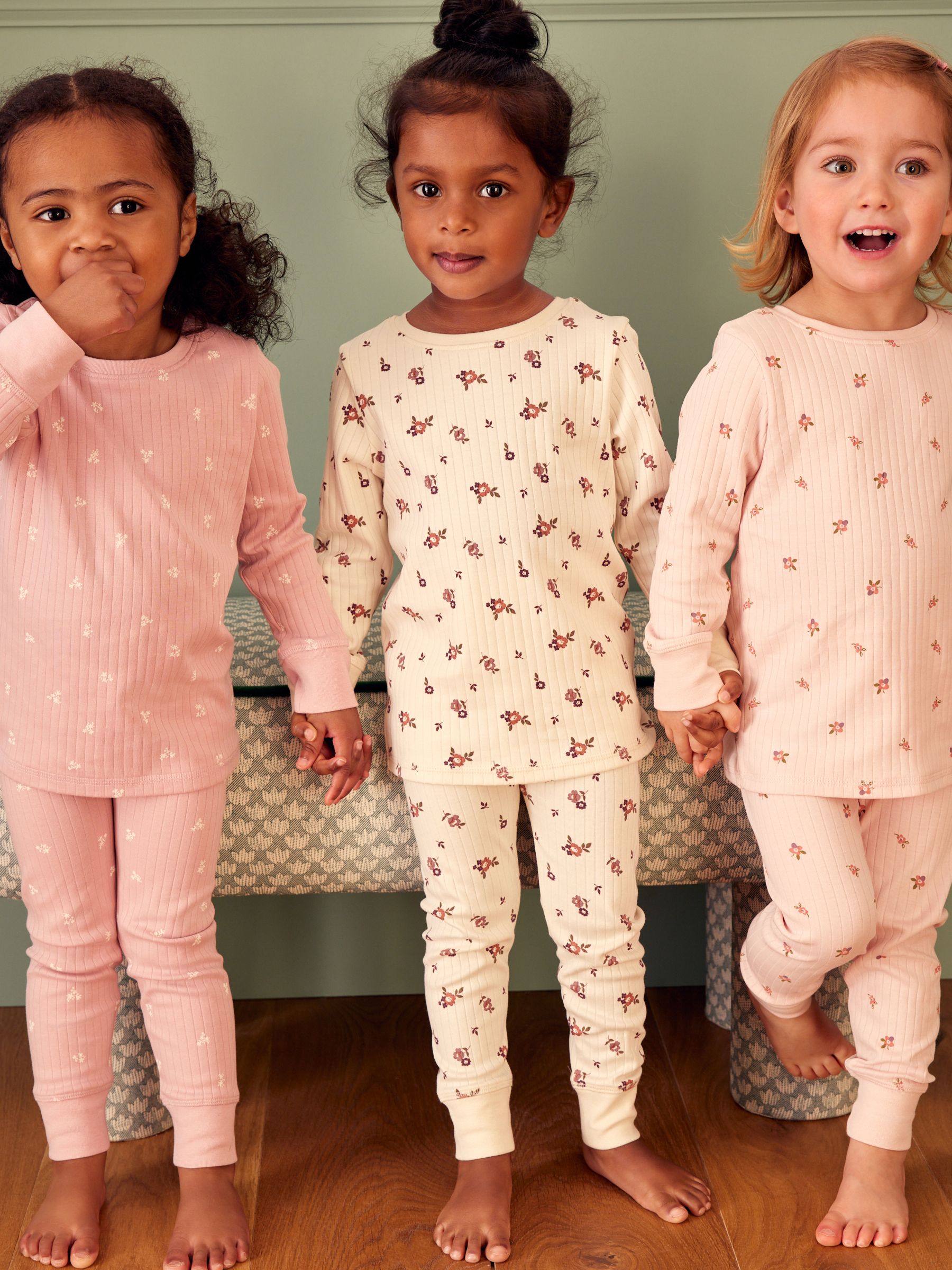 Buy Pink/ White Ditsy Rib Snuggle Pyjamas 3 Pack (9mths-12yrs) from the ...