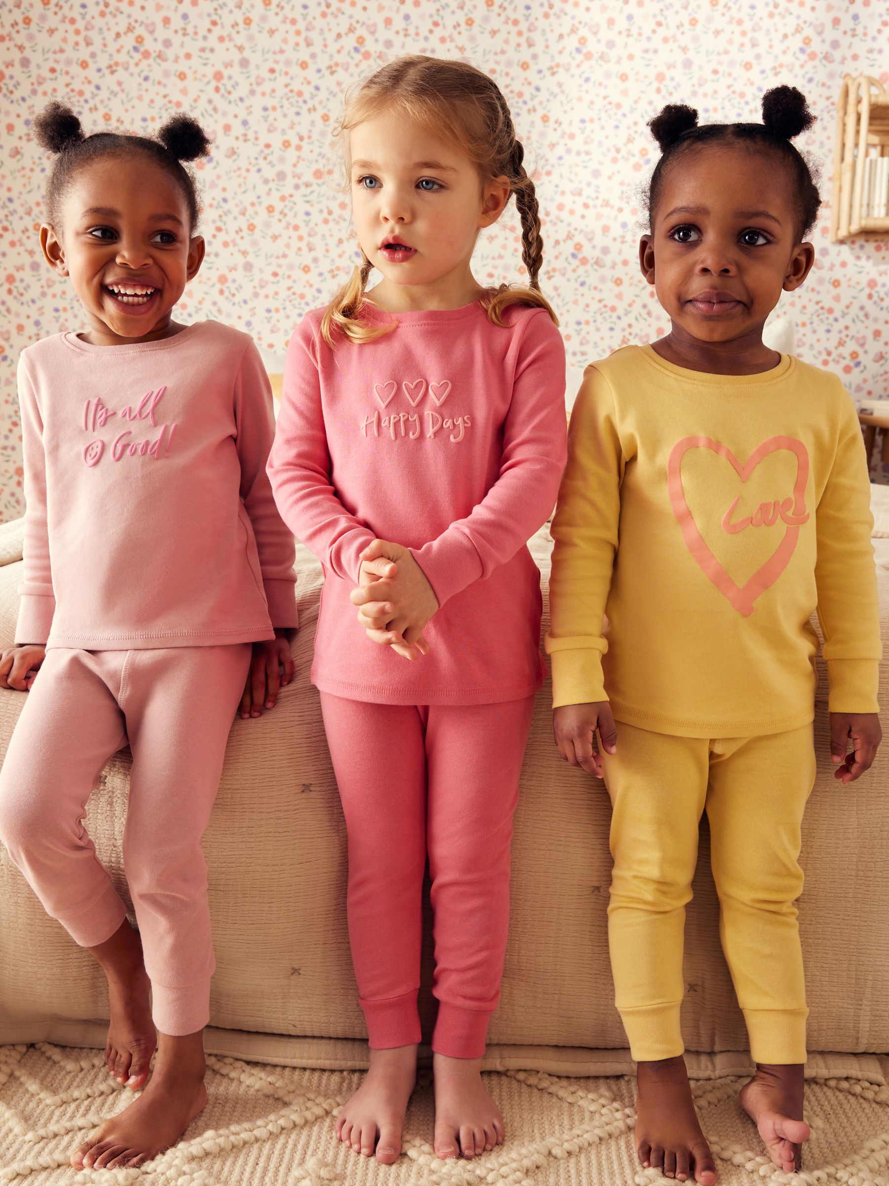 Buy Pink/Yellow Slogan Printed Snuggle Pyjamas 3 Pack (9mths-12yrs ...