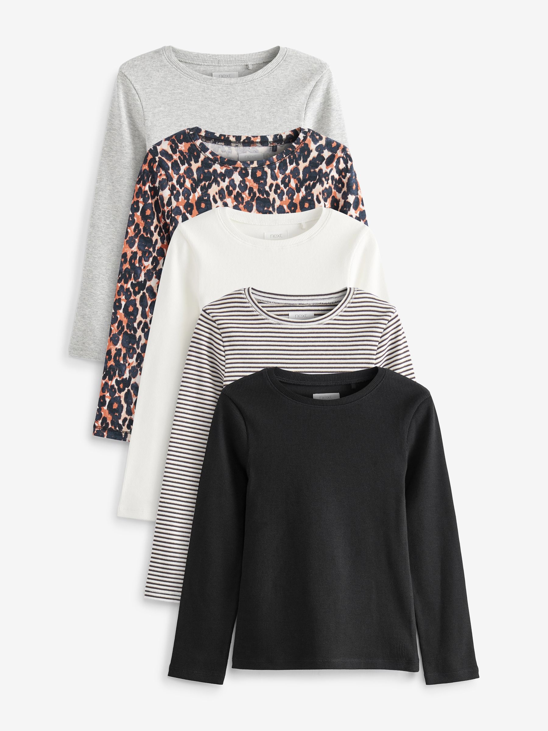Buy Black/Animal/White/Stripe Ribbed Long Sleeve Tops 5 Pack (3-16yrs ...