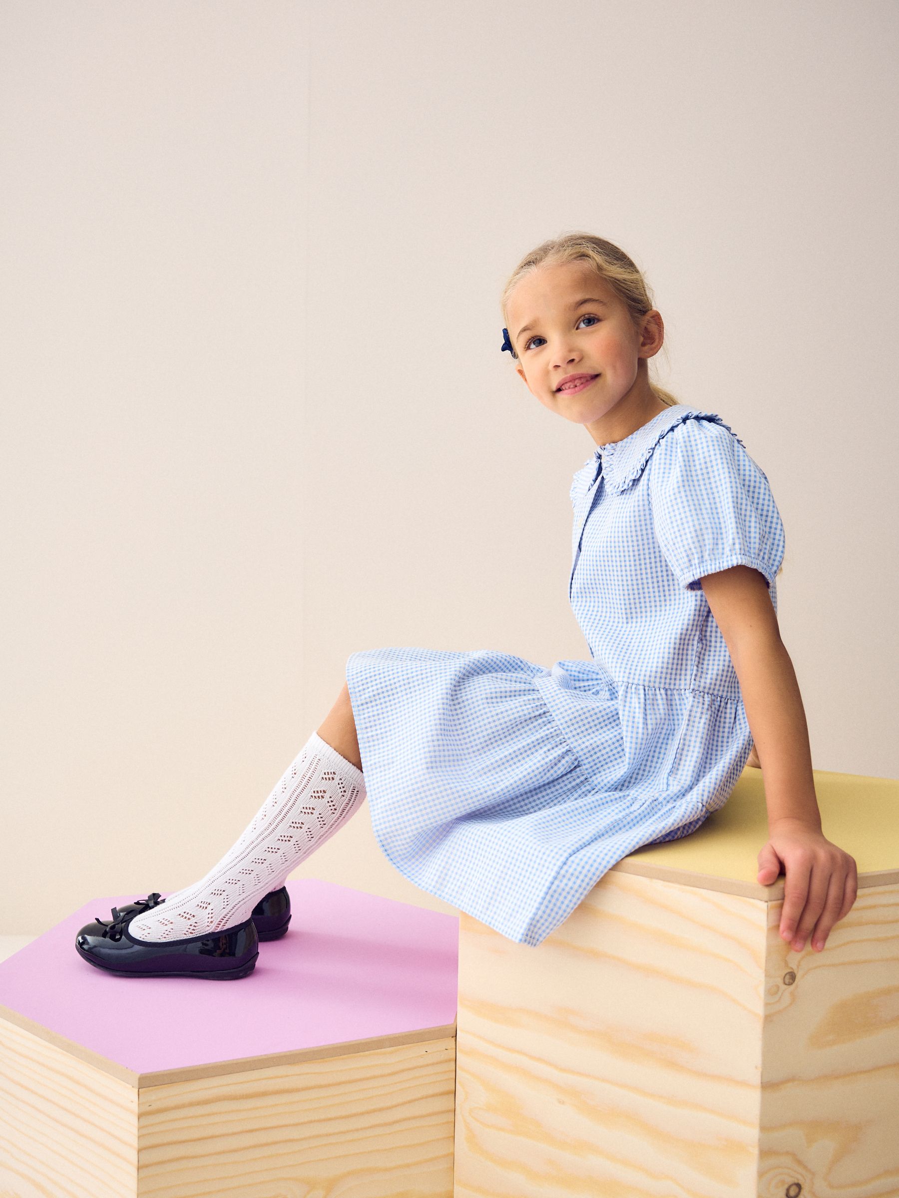 Buy Blue Cotton Rich School Gingham Tiered Pretty Collar Dress (3-14yrs ...