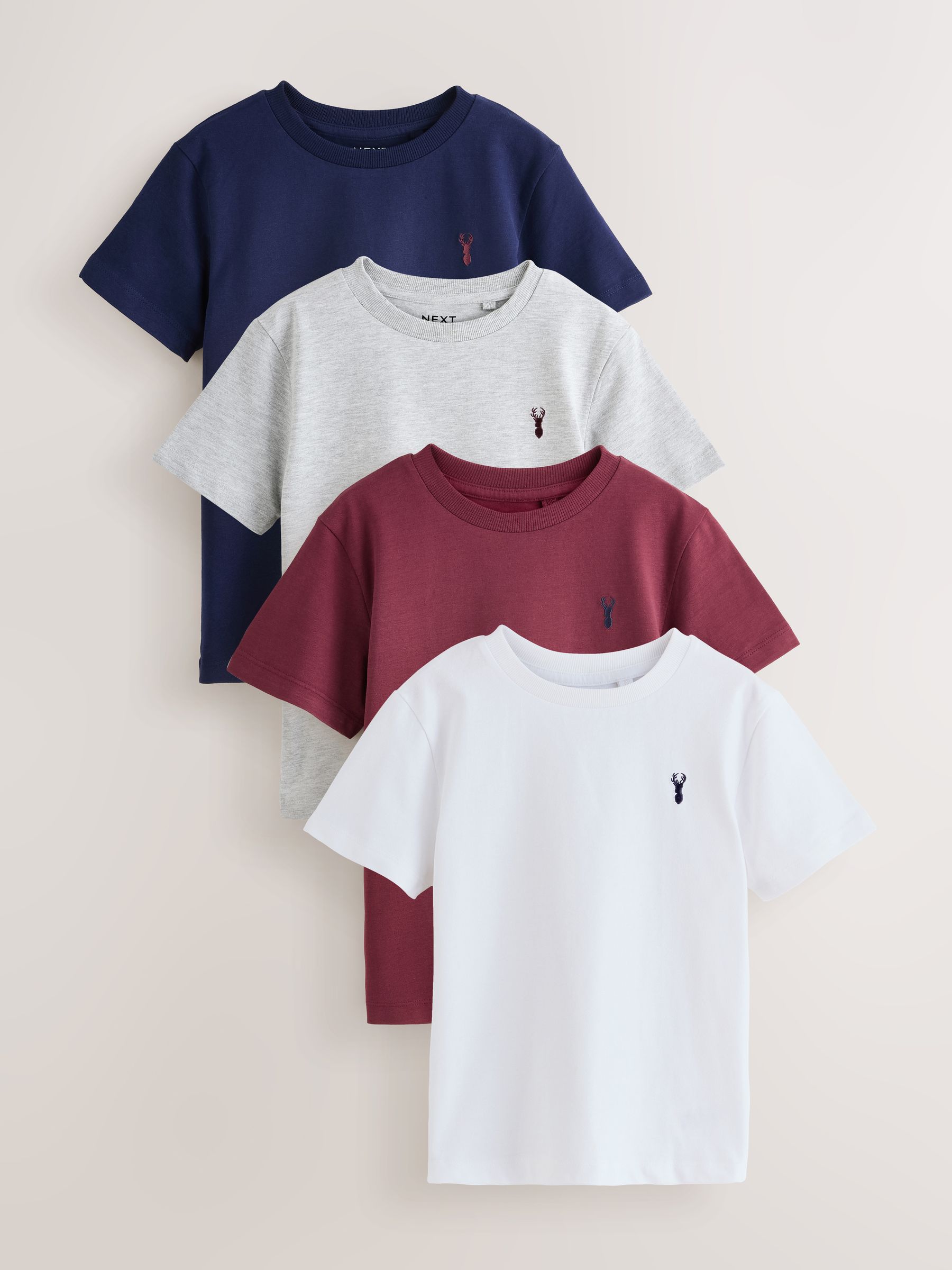 Buy Burgundy Red/White Short Sleeve Stag Embroidered T-Shirts 4 Pack (3 ...