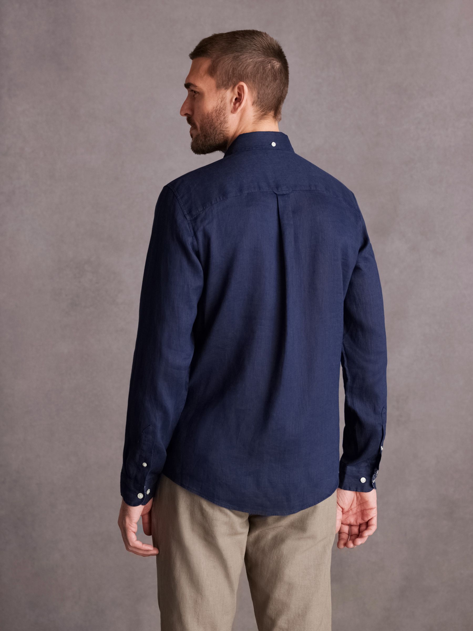 Buy Navy Blue Signature 100% Linen Long Sleeve Oxford Shirt from the ...