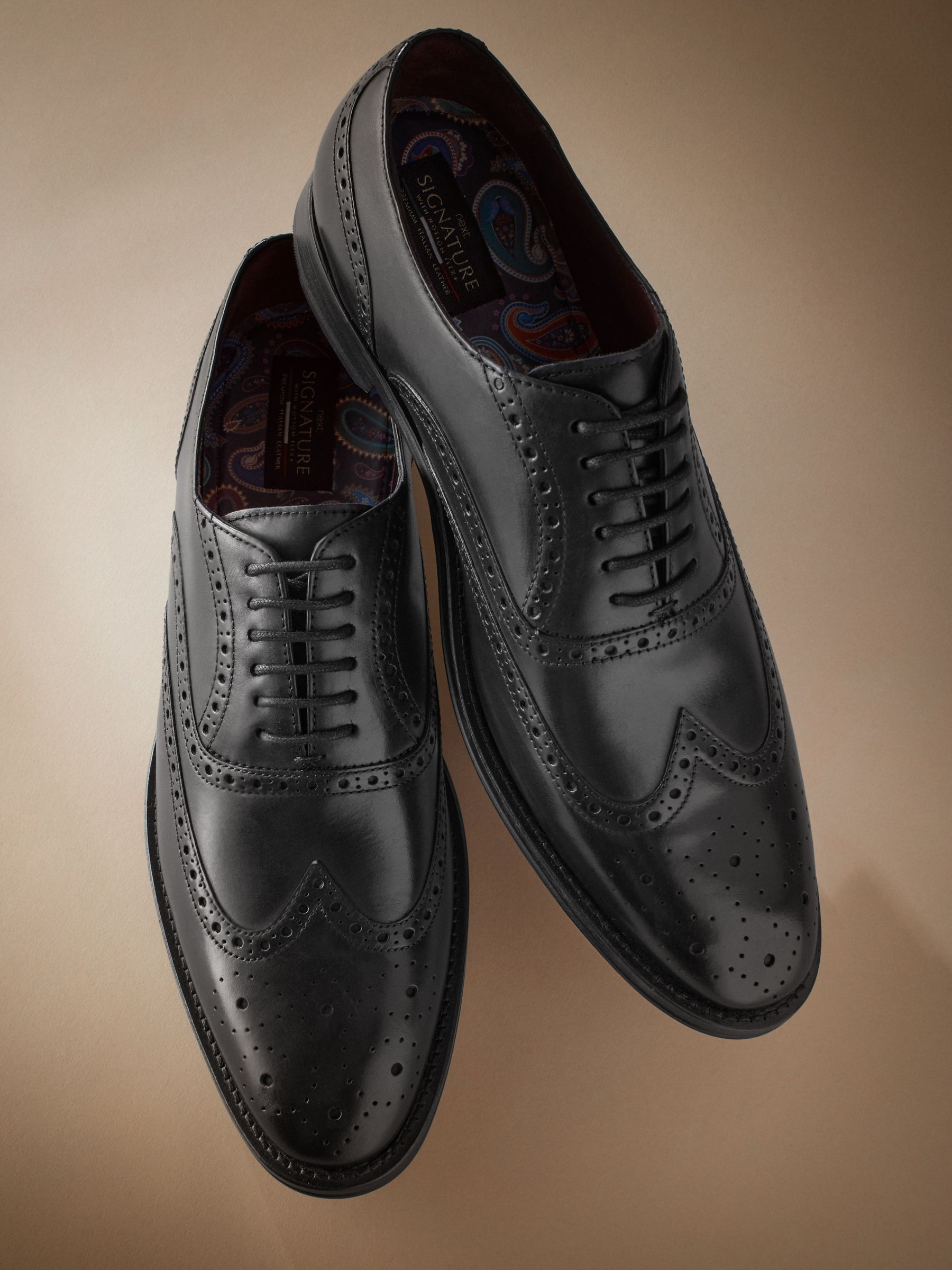 Buy Black Wide Fit Signature Italian Leather Wing Cap Brogues from the ...
