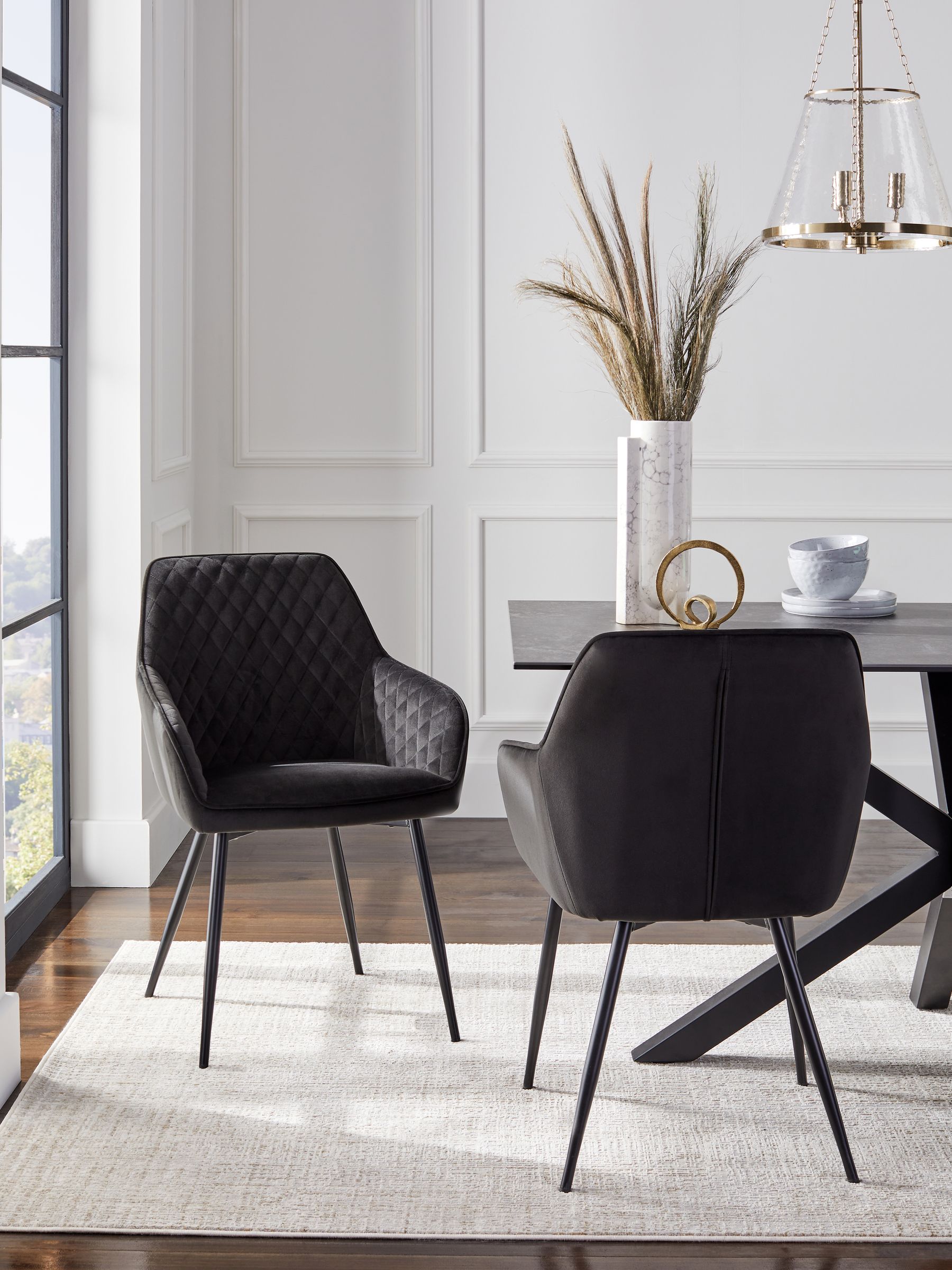 Buy Set of 2 Soft Velvet Black Hamilton Black Leg Quilted Dining Chairs ...