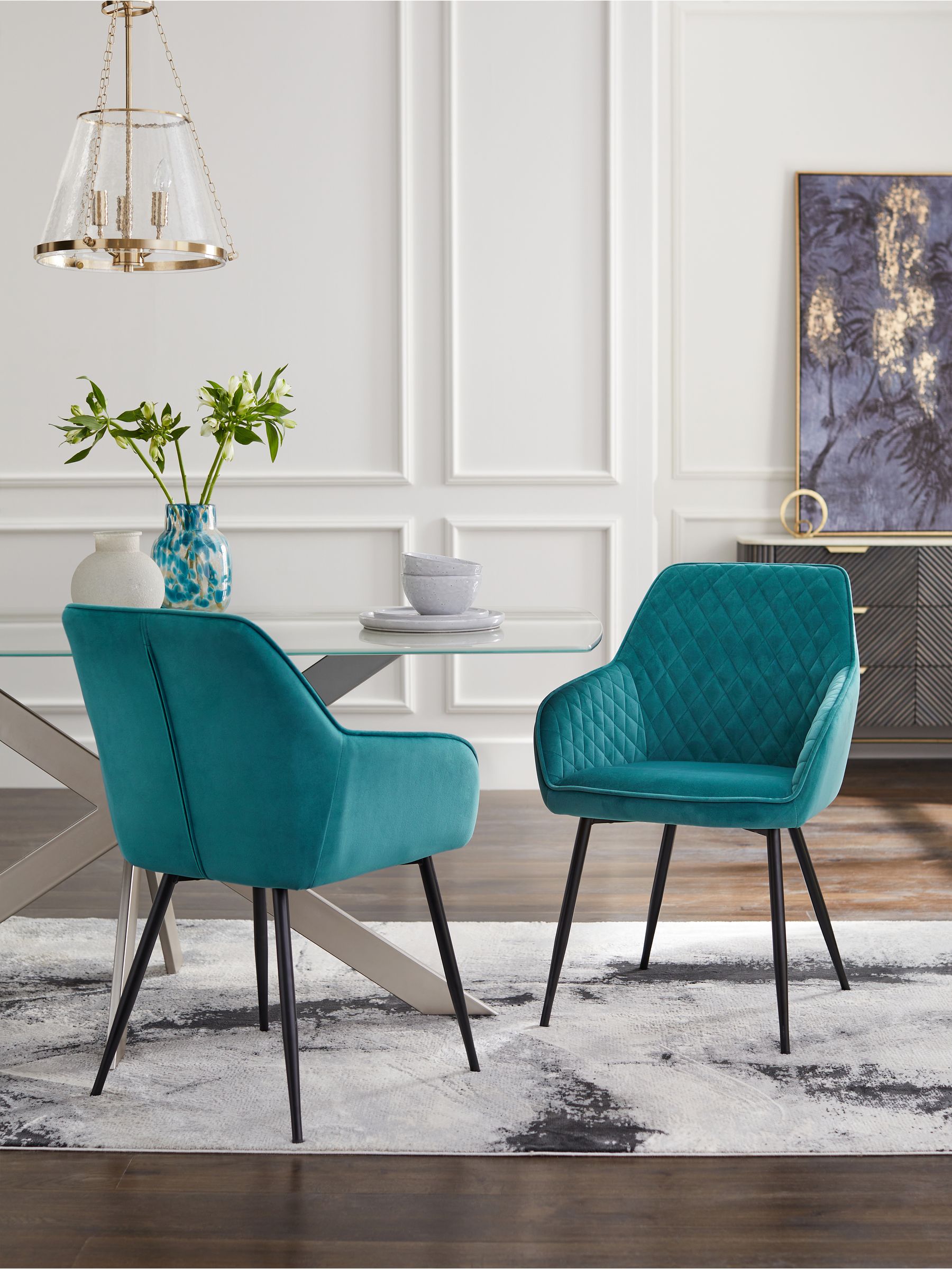 Buy Set of 2 Soft Velvet Teal Blue Hamilton Black Leg Quilted Dining ...