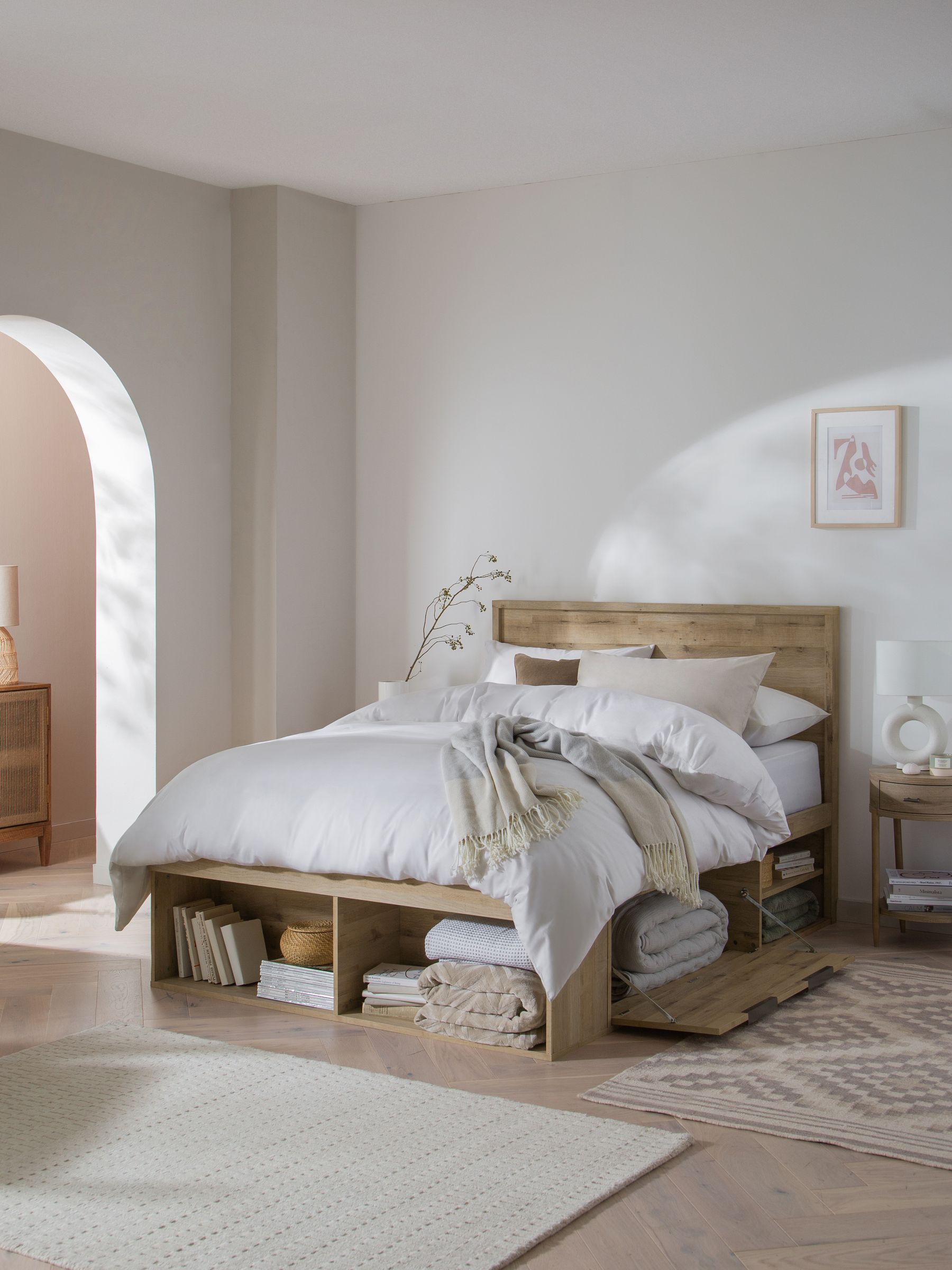 Wooden platform bed with storage store