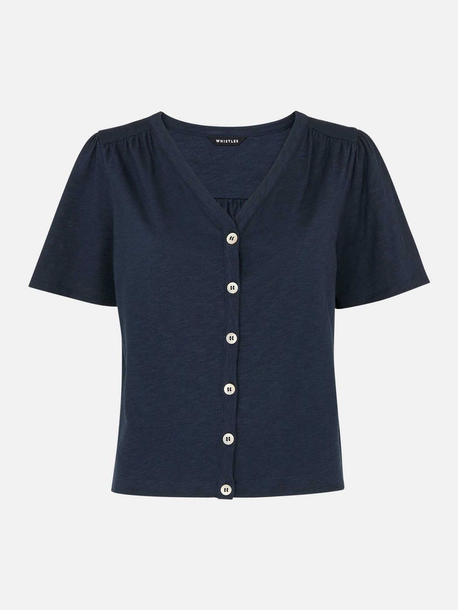 Buy Whistles Blue 100% Cotton V-Neck Maeve Button Front T-Shirt from ...