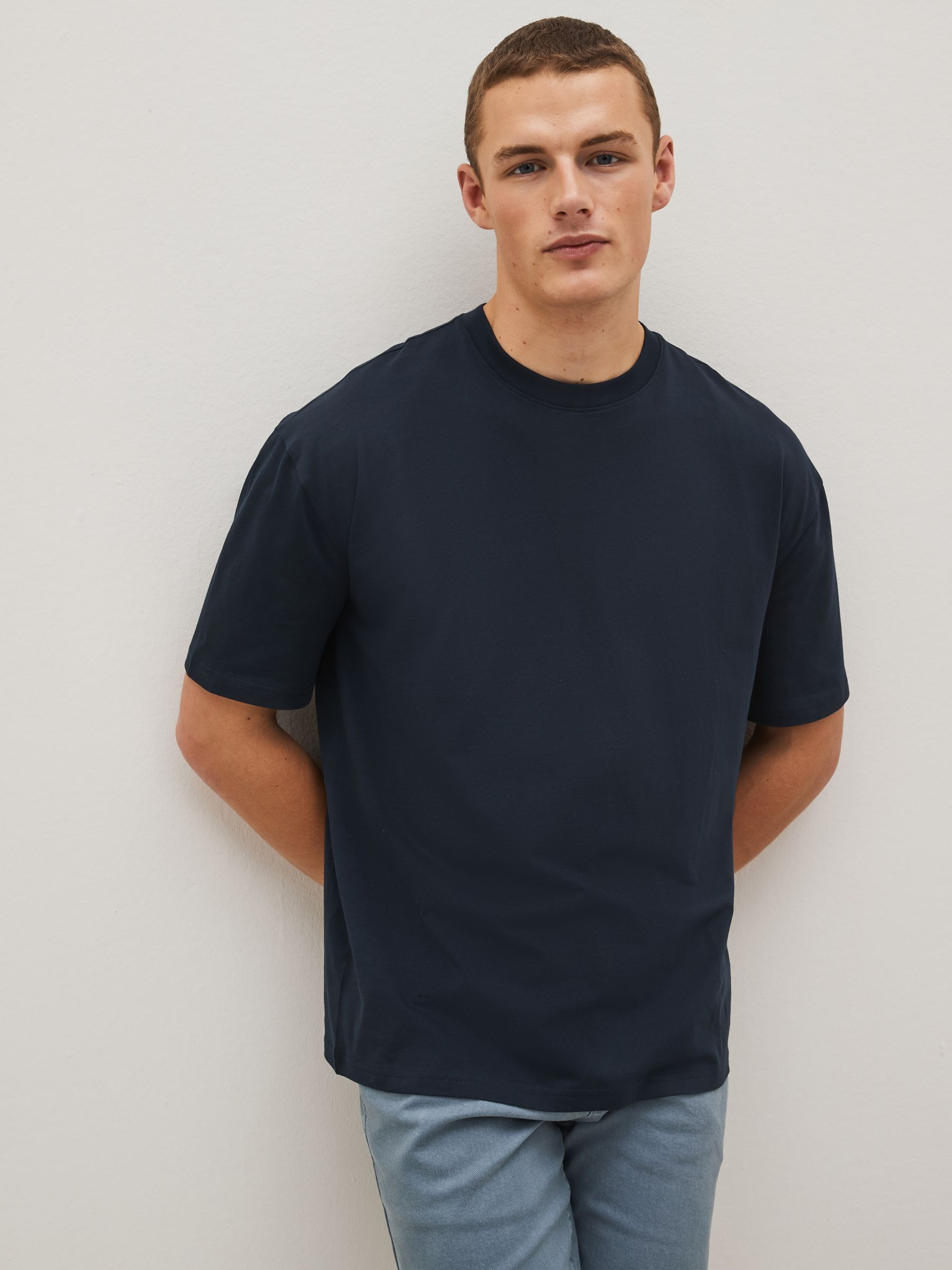 Buy Blue Navy Relaxed Fit Essential Crew Neck Cotton T-Shirt from the ...