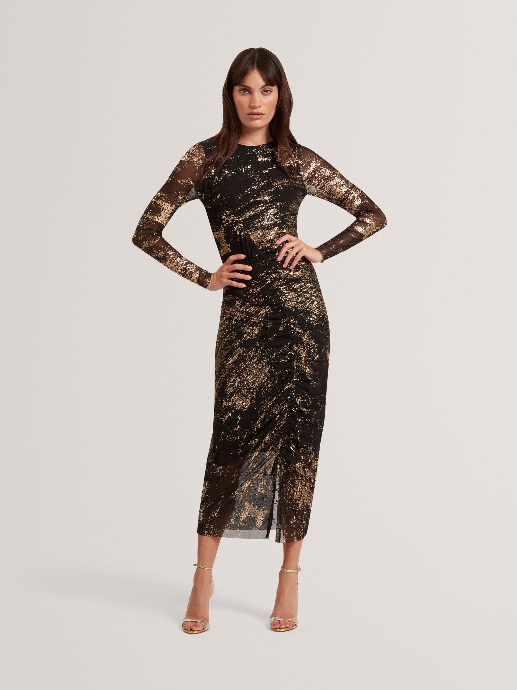 Buy Ted Baker Black Nohaa Foil Printed Long Sleeve Mesh Bodycon Dress ...