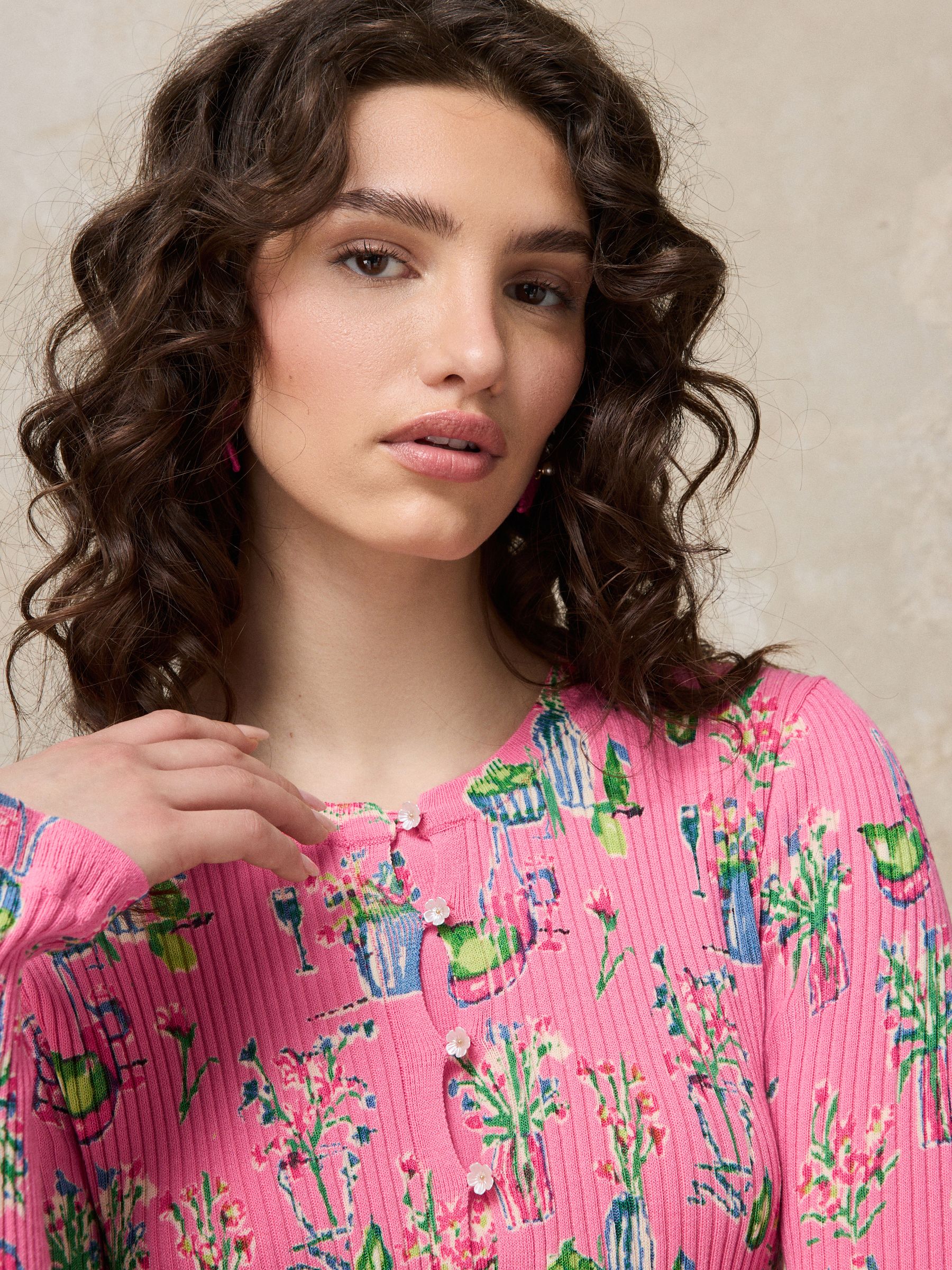 Buy Pink Floral Print Ribbed Long Sleeve Button Up Knitted Cardigan ...