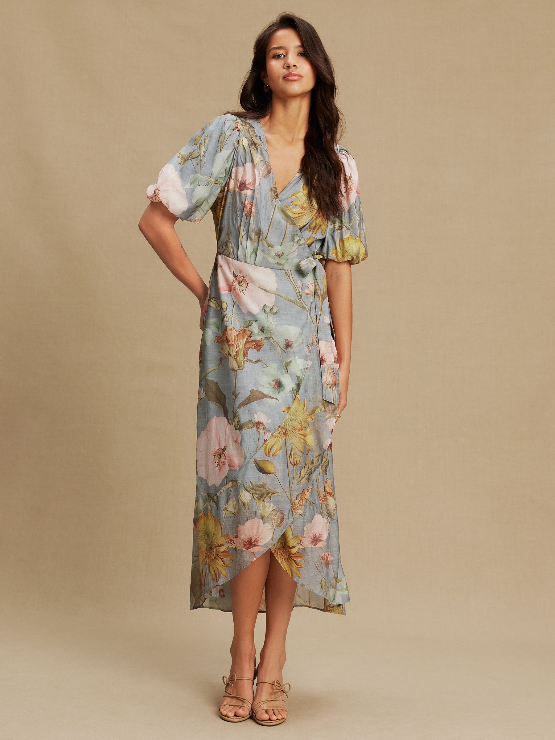 Buy Blue Floral Print Puff Short Sleeve Wrap Occasion Midi Dress from ...