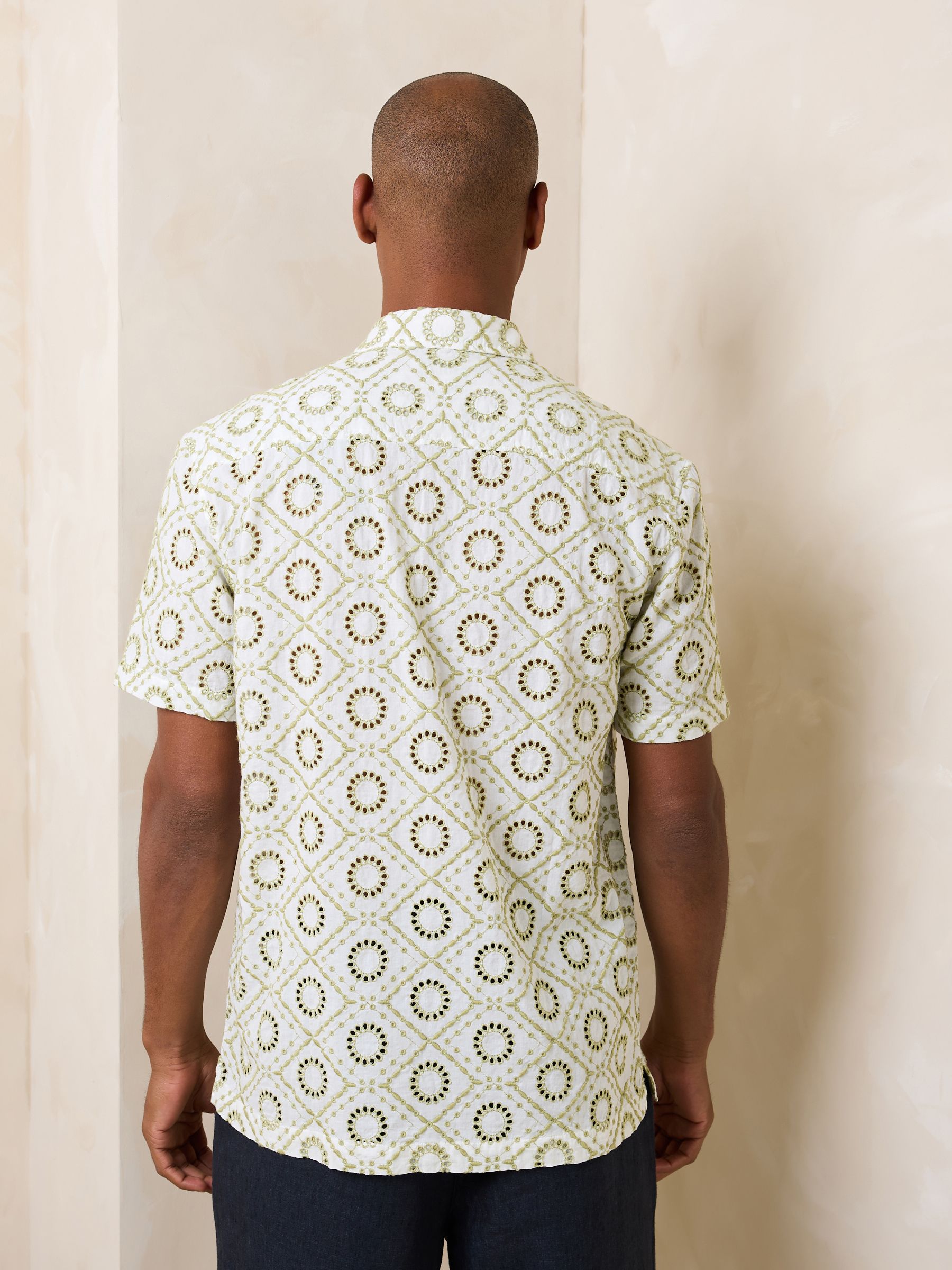 Buy Green Relaxed Fit Broderie Patterned Revere Collar Short Sleeve ...