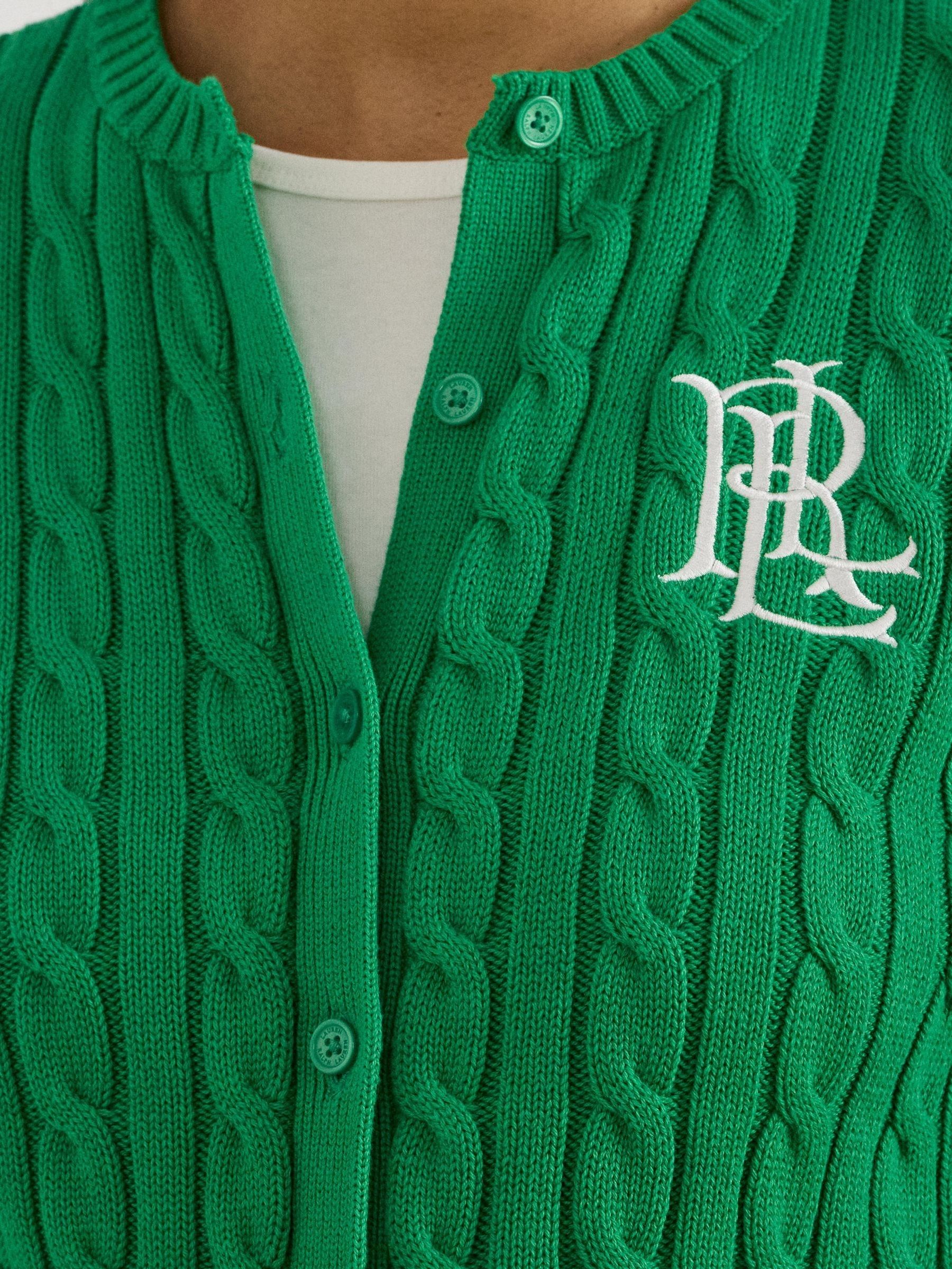 Buy Lauren Ralph Lauren Green Ralhan Cable Knit Crest Logo Cardigan ...
