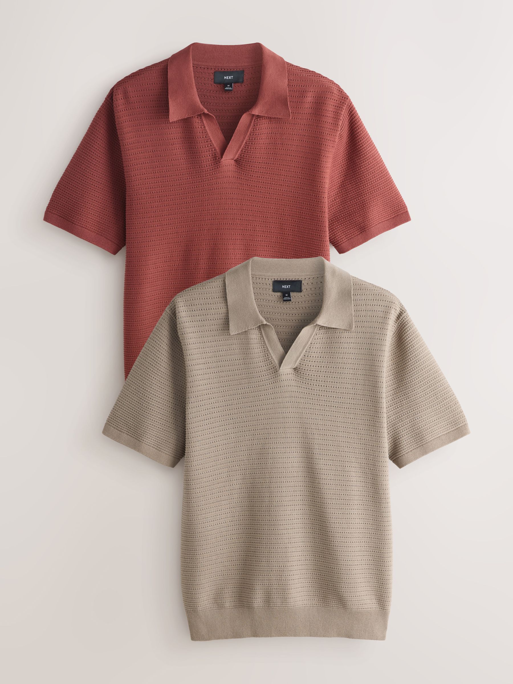 Buy Red/Neutral Trophy Neck 100% Cotton Textured Knitted Polo Shirts 2 ...