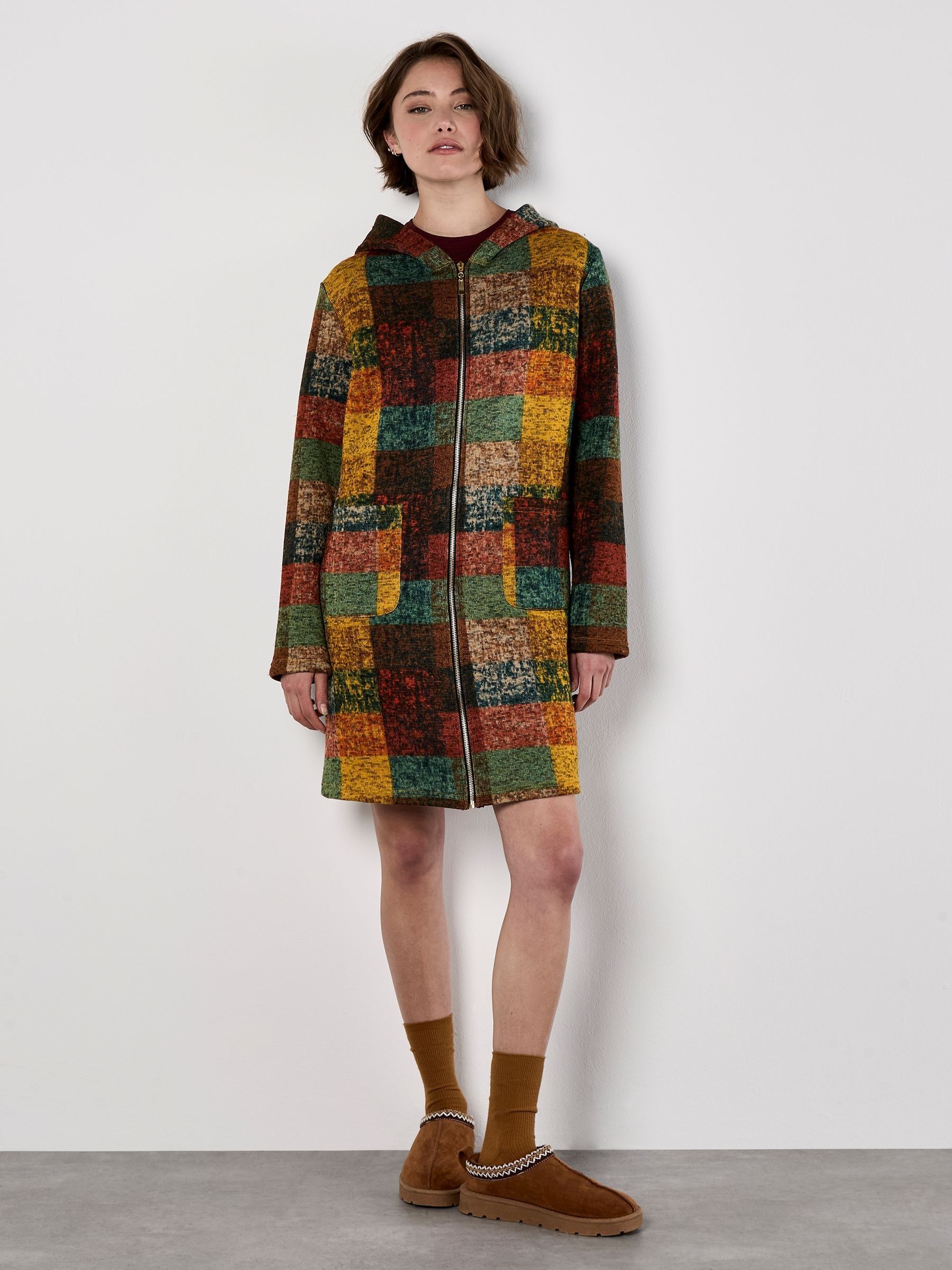 Buy Apricot Brown Multicolour Check Fleece Hood Cardigan from Next ...