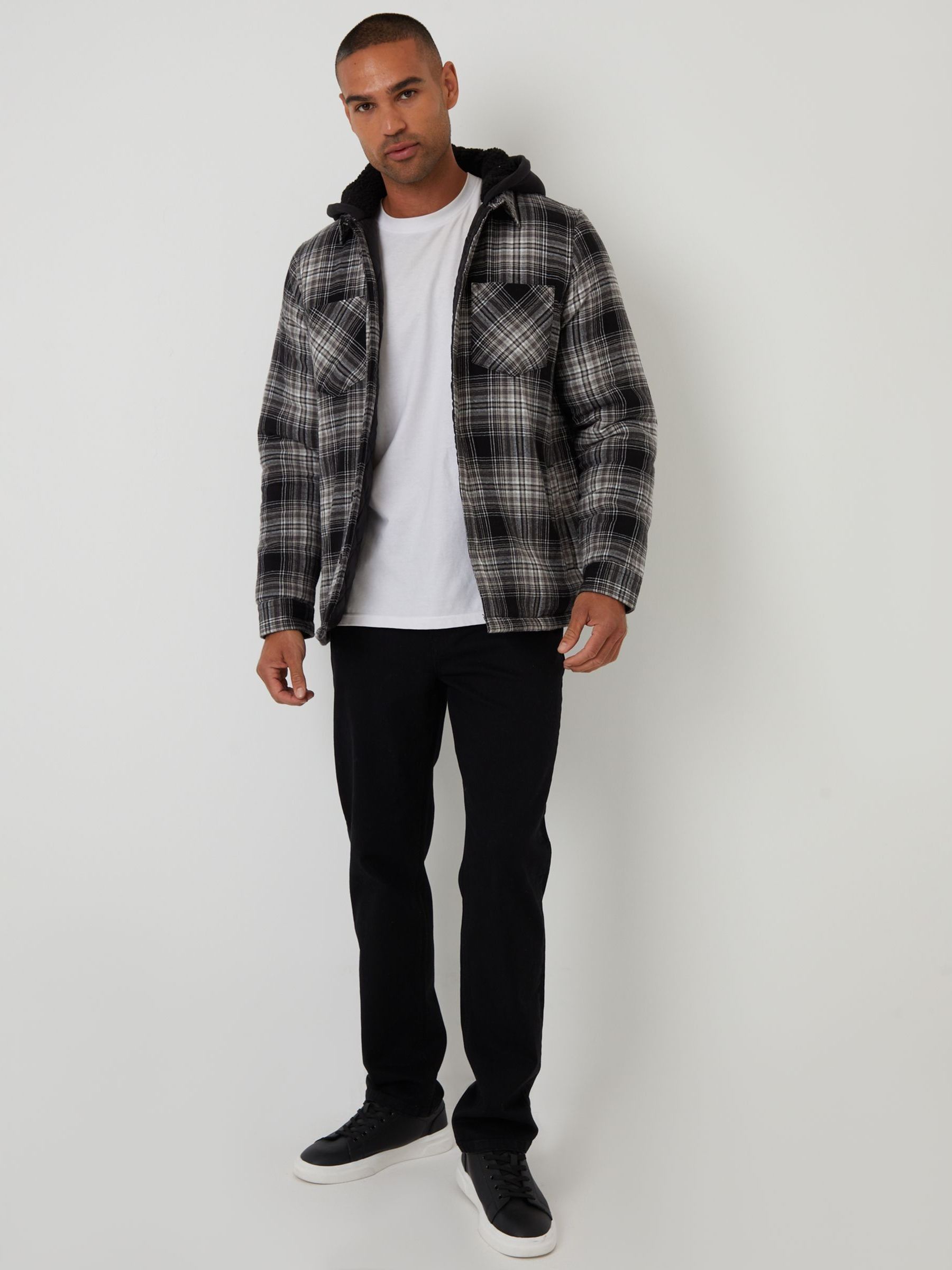 Buy Threadbare Black Check Quilted Shacket with Borg Lined Hood from ...