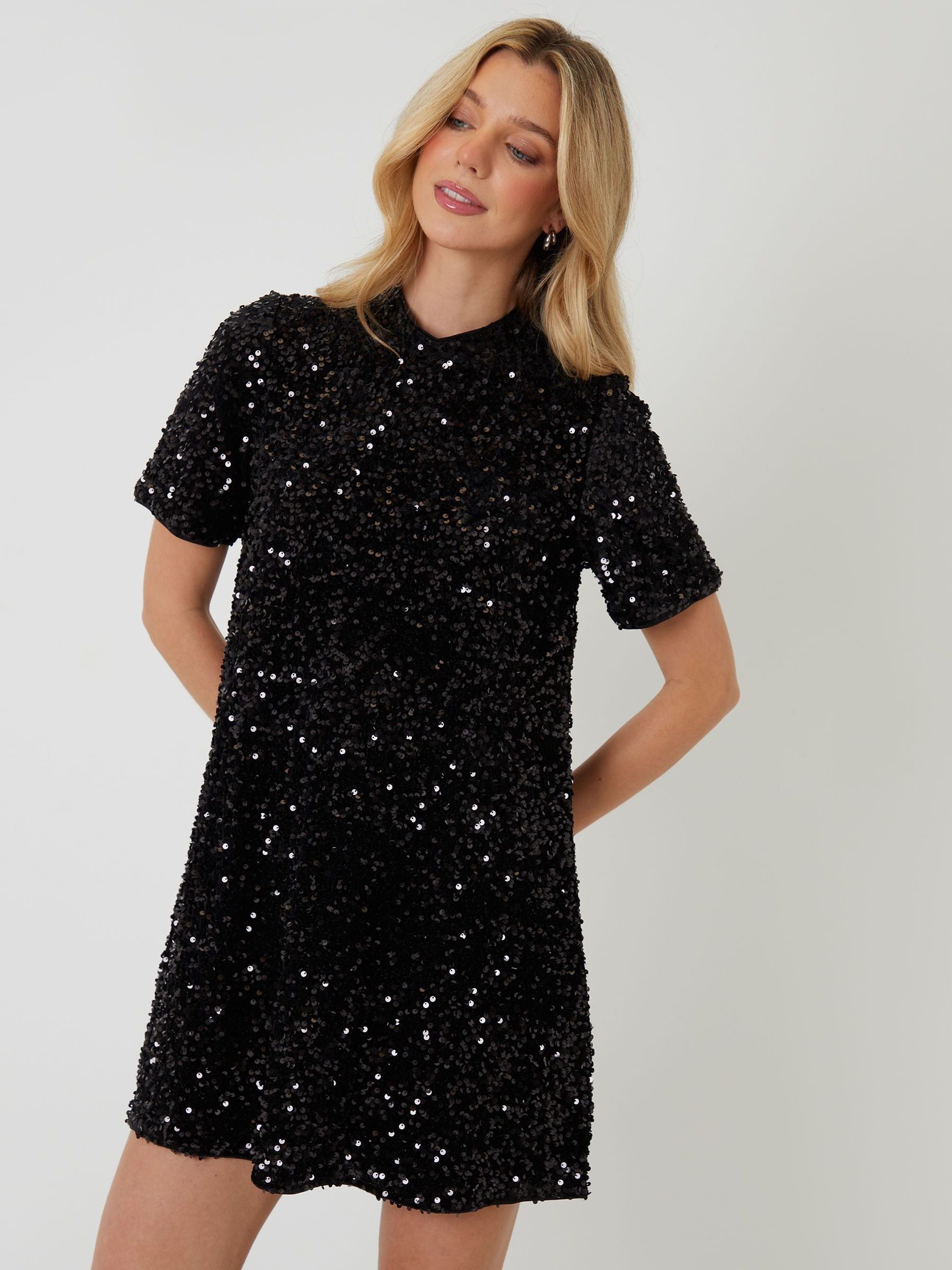 Buy Threadbare Black High Neck Sequin Velour Mini Dress from Next Israel