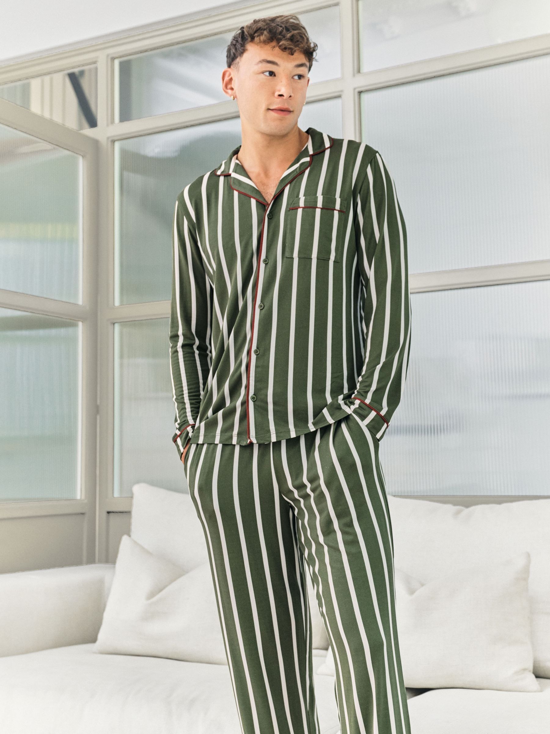 Buy Chelsea Peers Green Stripe Button Up Long Pyjamas Set from Next Kuwait