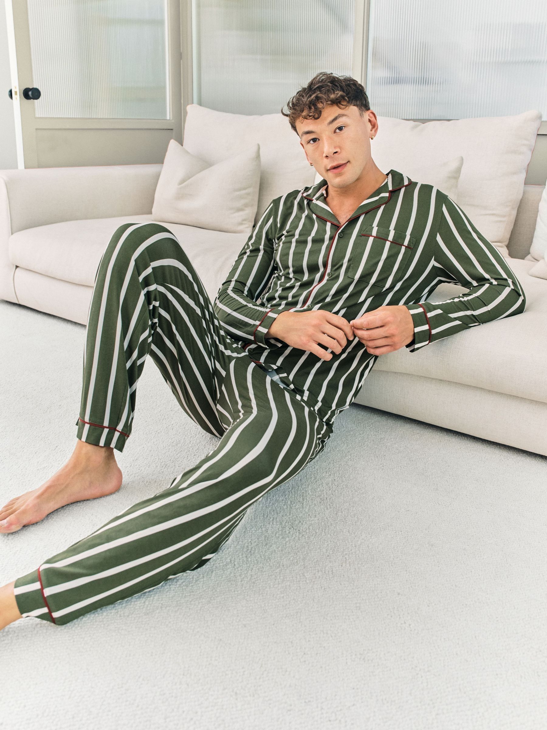 Buy Chelsea Peers Green Stripe Button Up Long Pyjamas Set from Next Kuwait