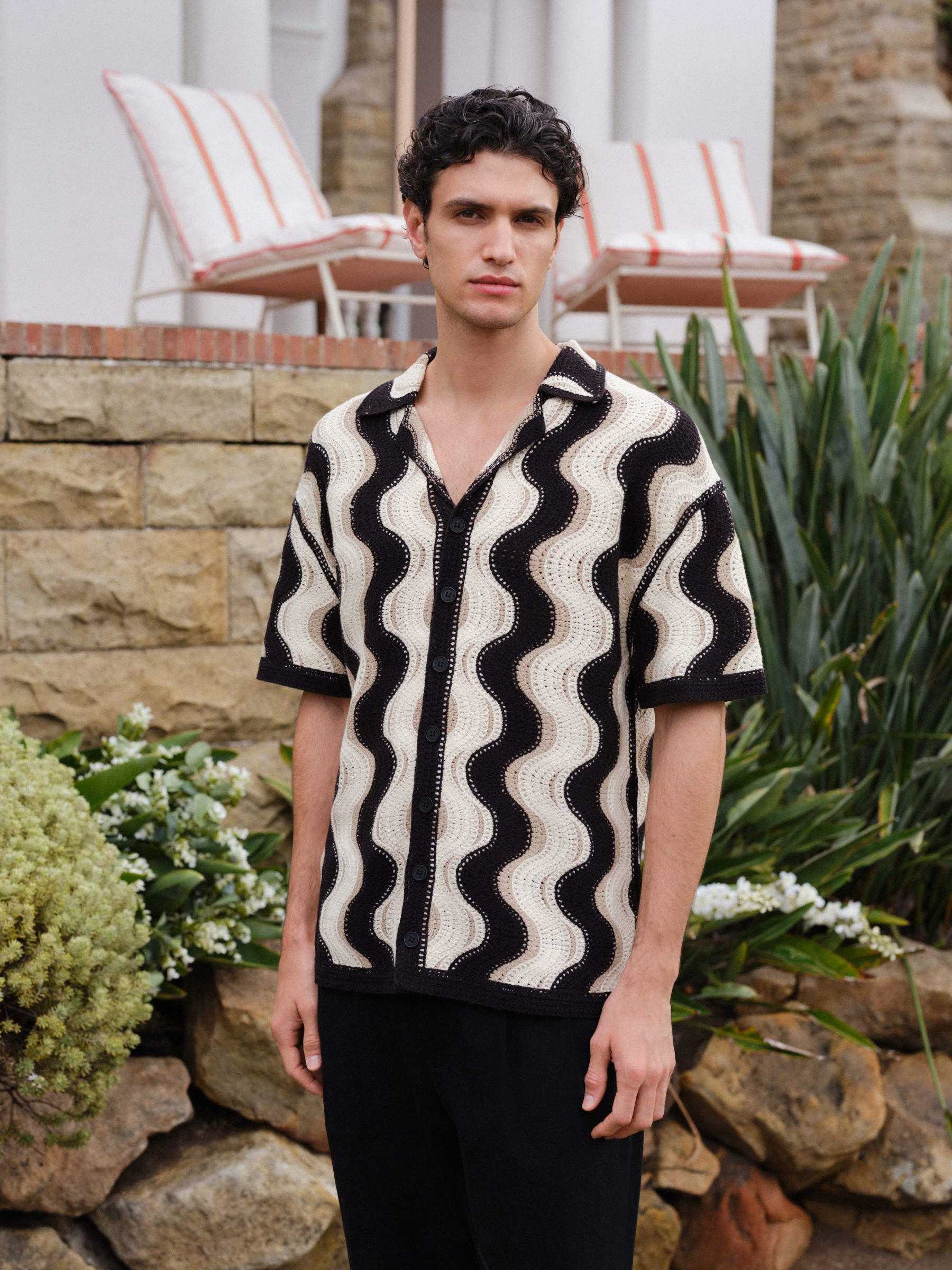 Buy Black/Neutral Relaxed Fit Pattern Crochet Knitted Shirt from the ...