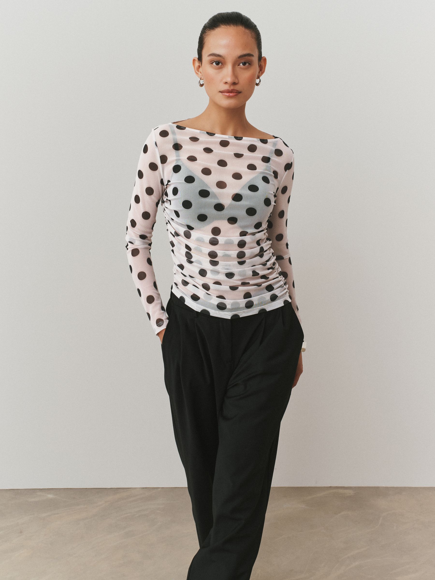 Buy Ecru/Black Polka Dot Ruched Long Sleeved Mesh Top from the Next UK ...