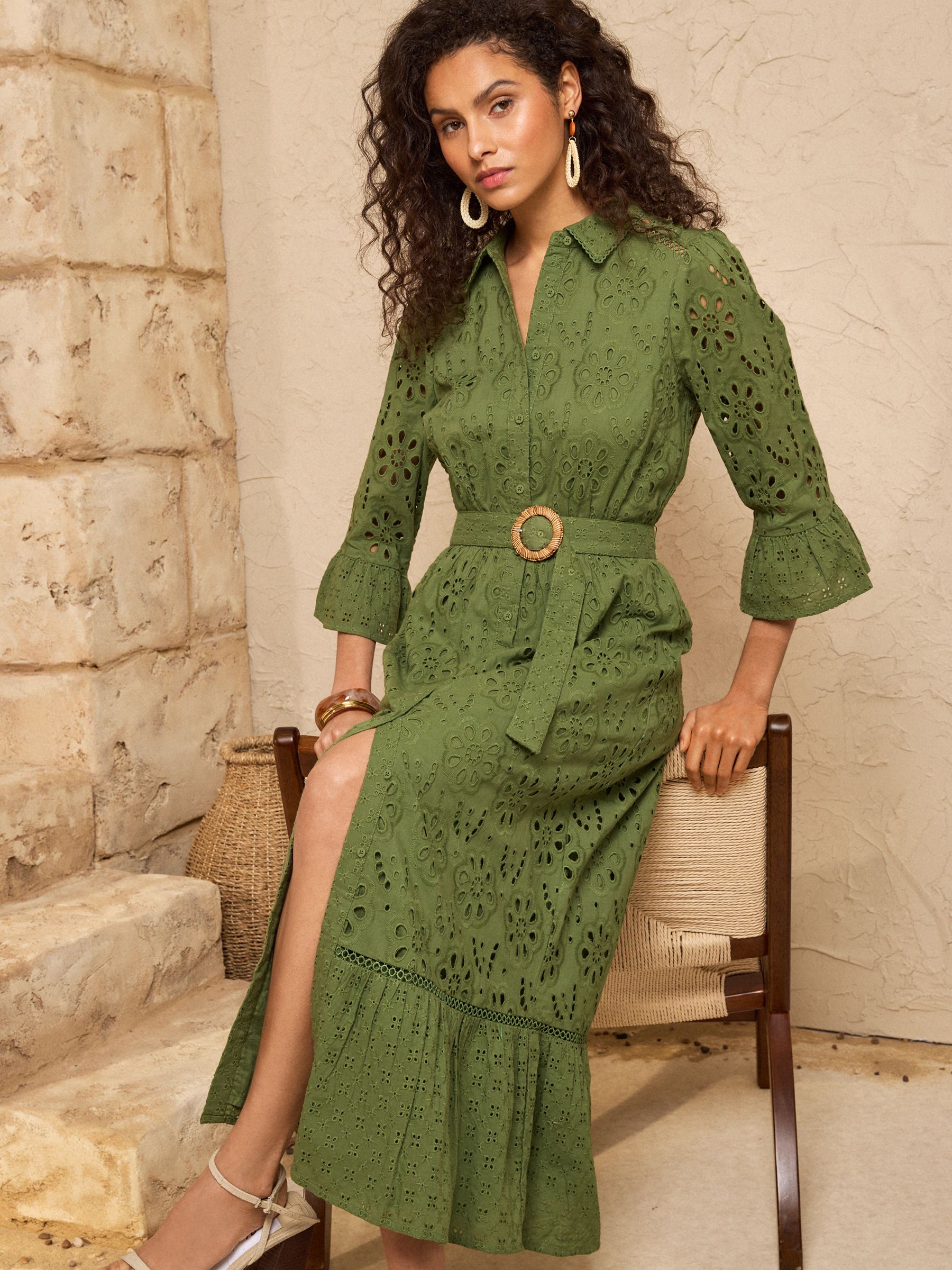 Buy Love & Roses Olive Green Broderie Belt Shirt Midi Dress from Next ...