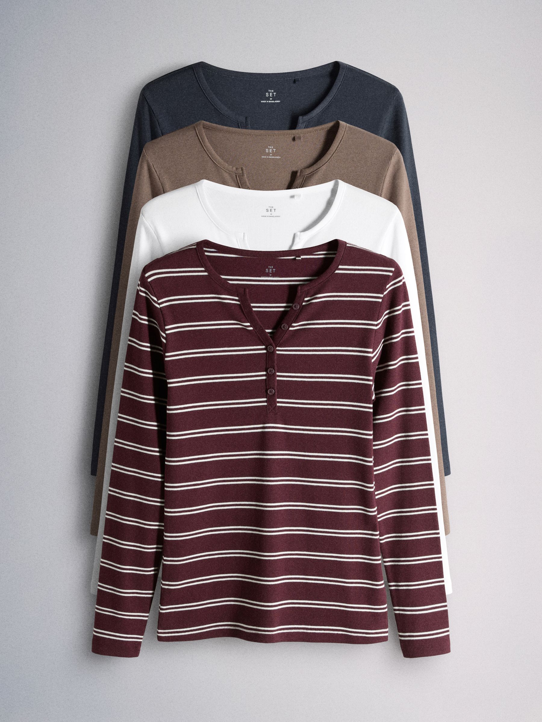 Buy The Set 4 Pack Ribbed Henley Long Sleeve T-Shirts Burgundy Red ...