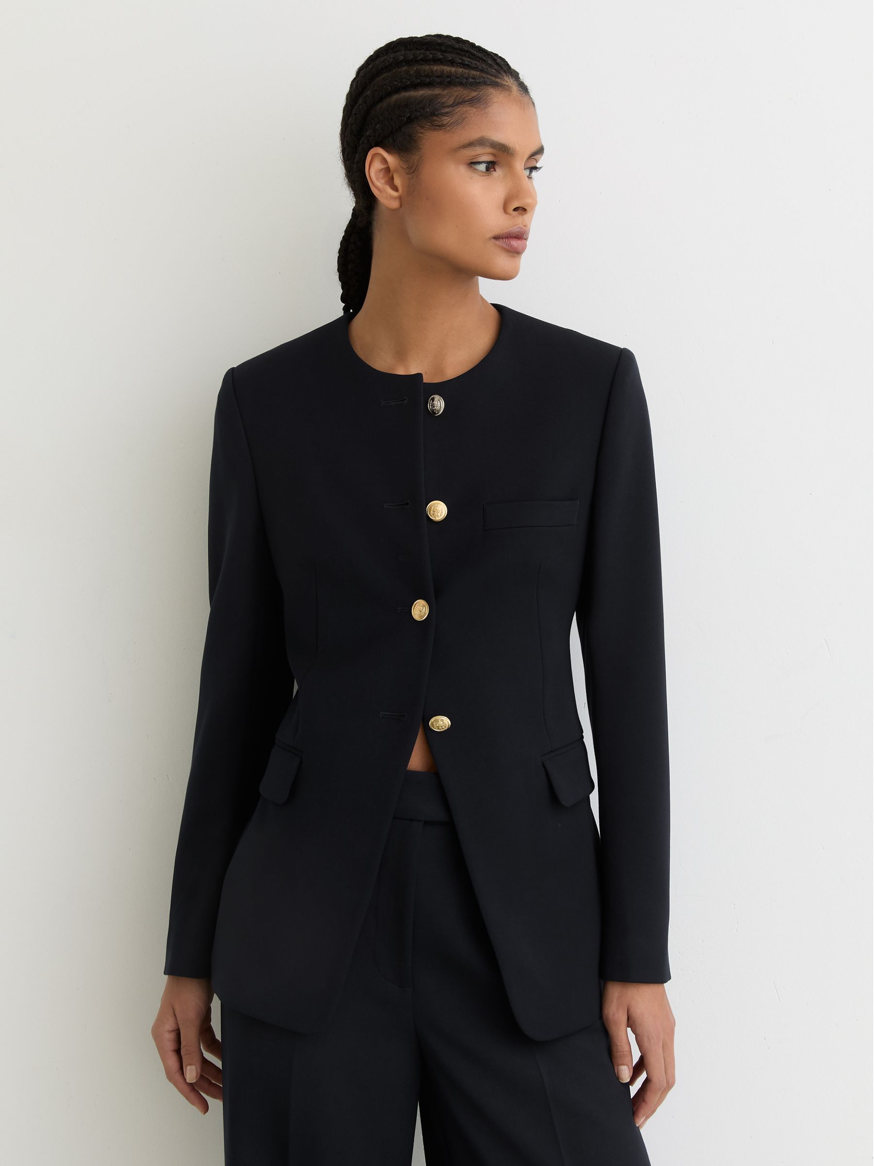 Buy Reiss Navy Kate Collarless Button-Through Fitted Jacket from the ...