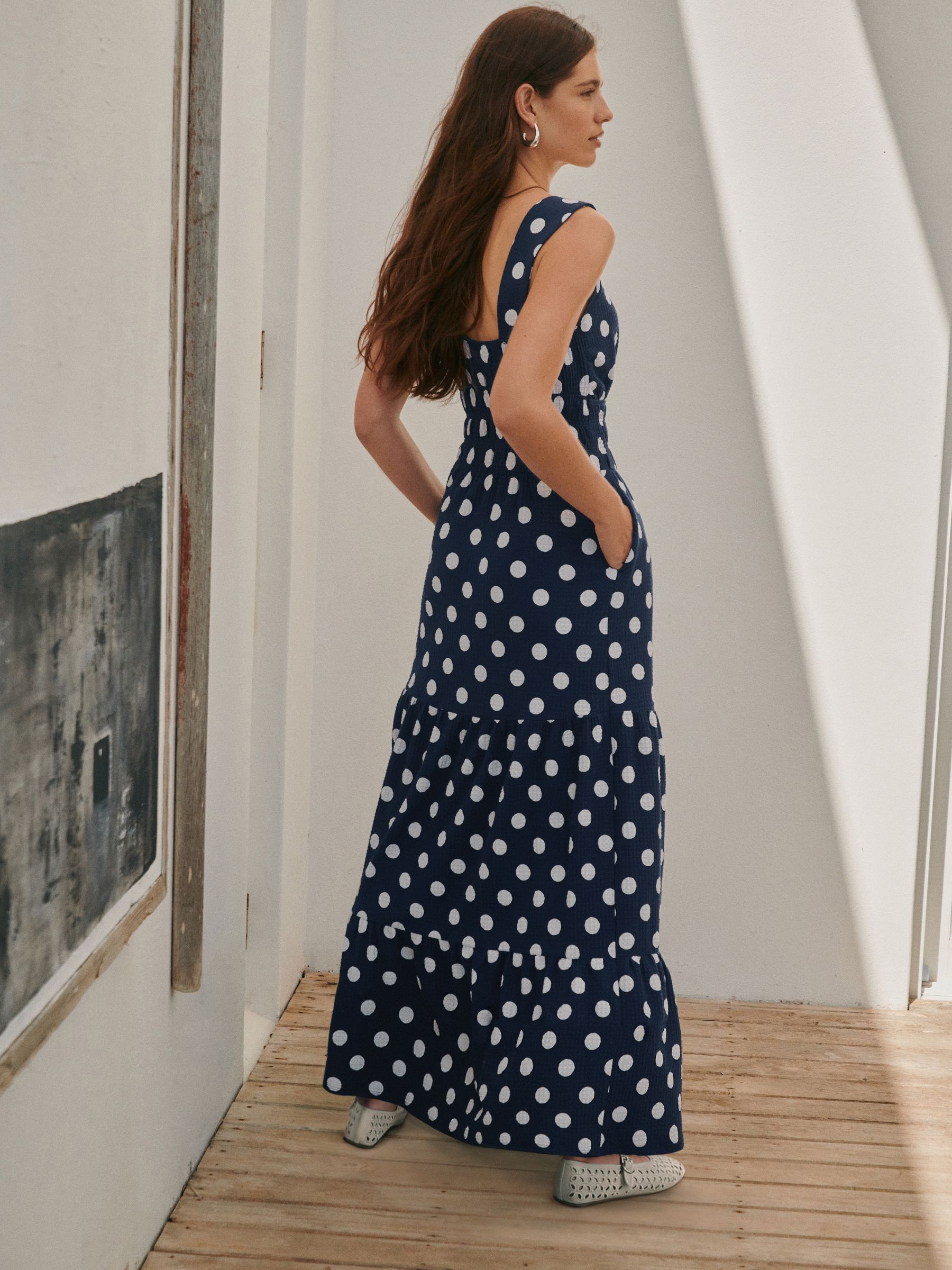 Buy Navy Blue Polka Dot Sleeveless Textured Jersey Midi Summer Dress ...