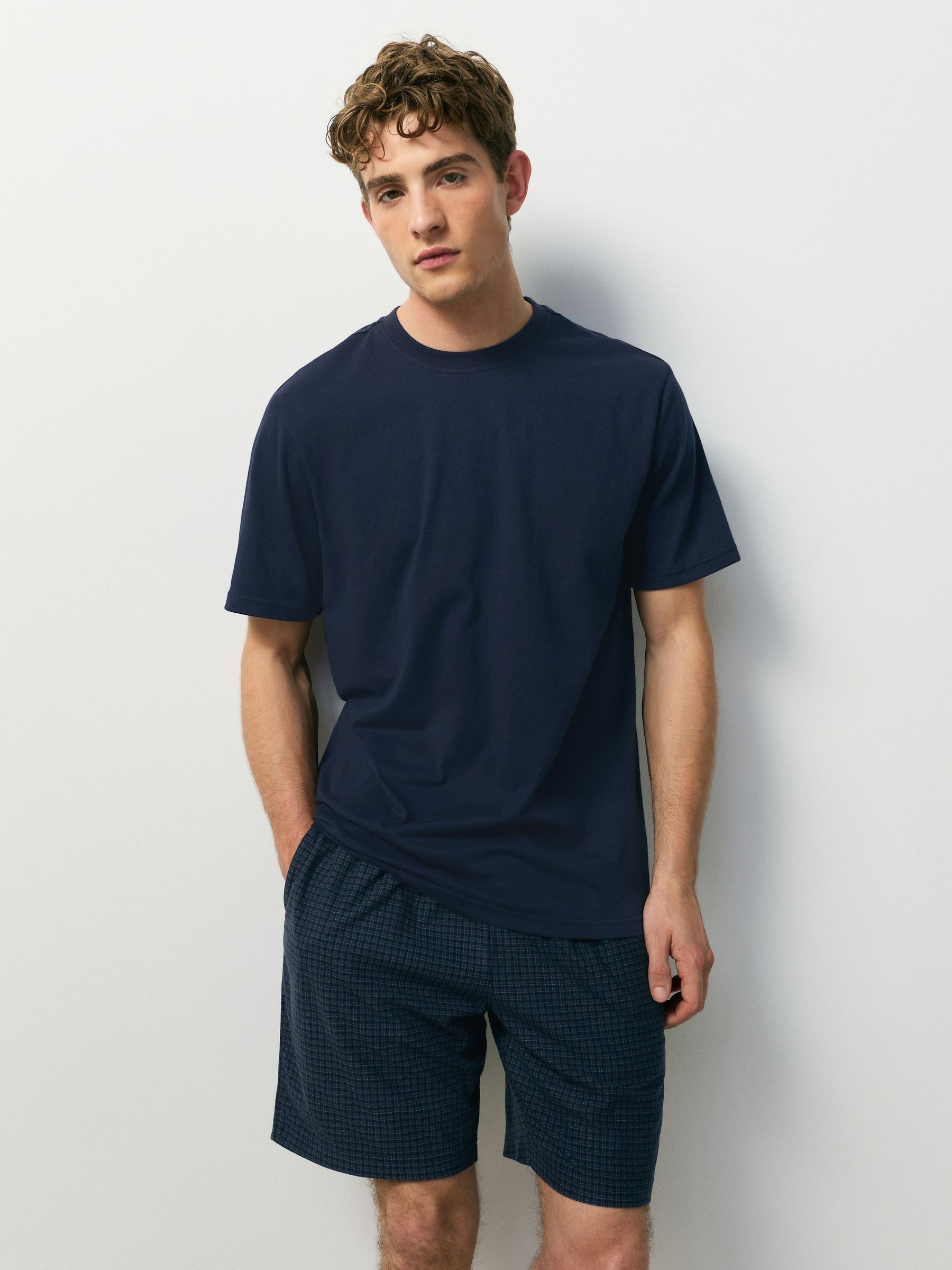 Buy Navy Blue Micro Check Motionflex Cosy Shorts Pyjamas Set from the ...