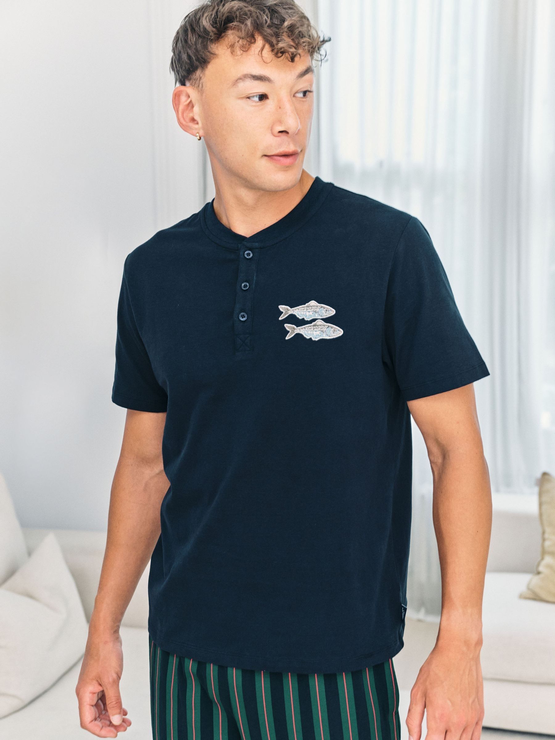 Buy Chelsea Peers Blue Embroidered Fish Henley Stripe Long Pyjama Set ...