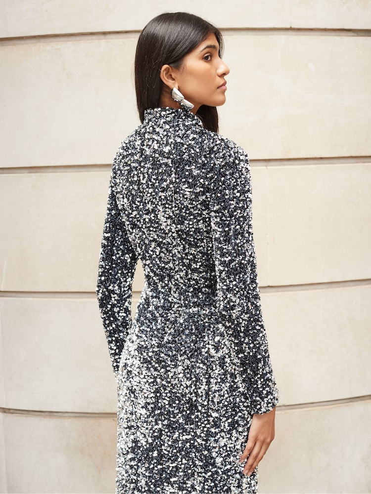 Buy Ro&Zo Silver Petite Astrid Long Sleeve Velvet Sequin Dress from ...