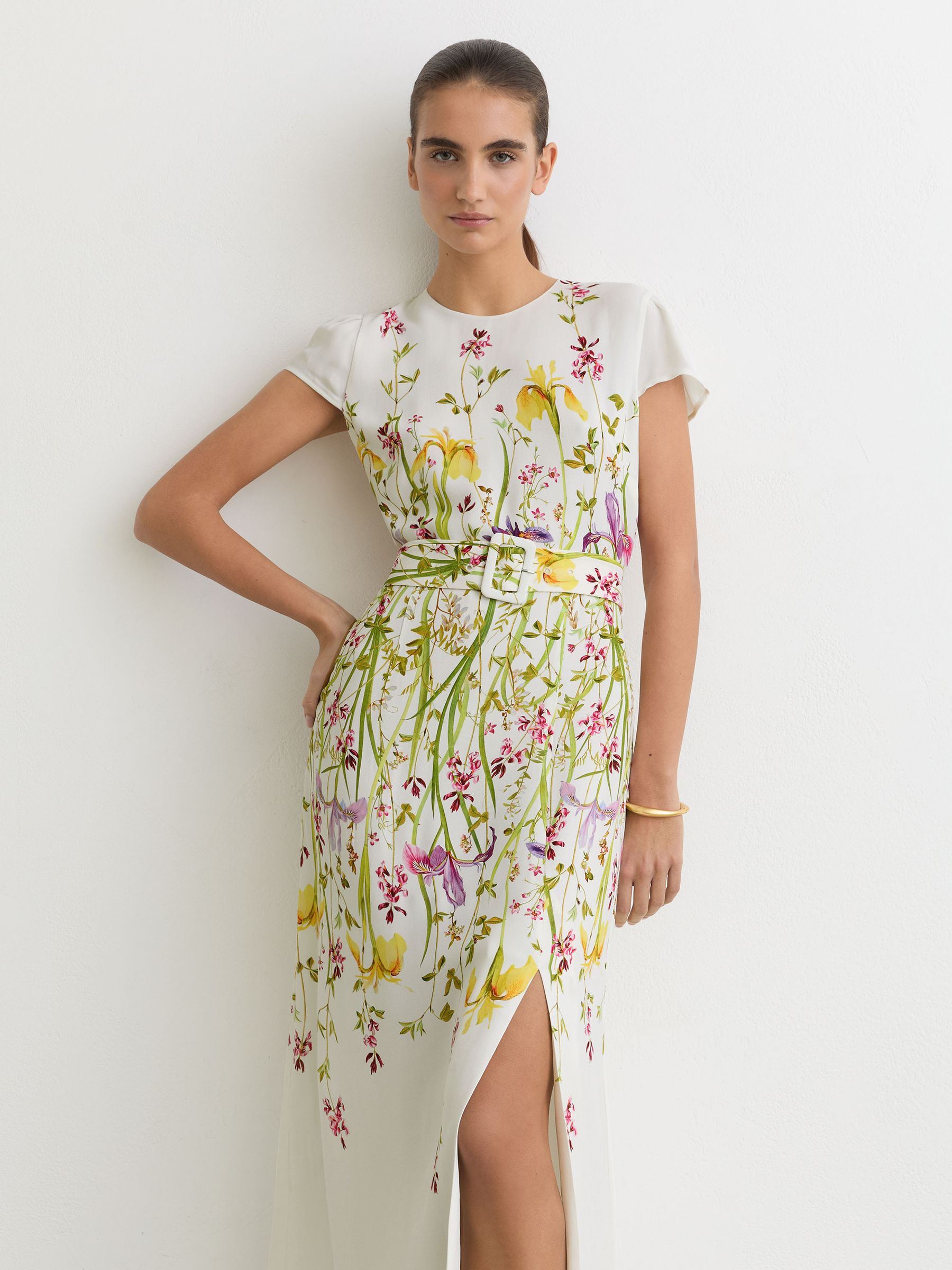 Buy Reiss Cream/Yellow Lyra Floral-Print Belted Midi Dress from the ...