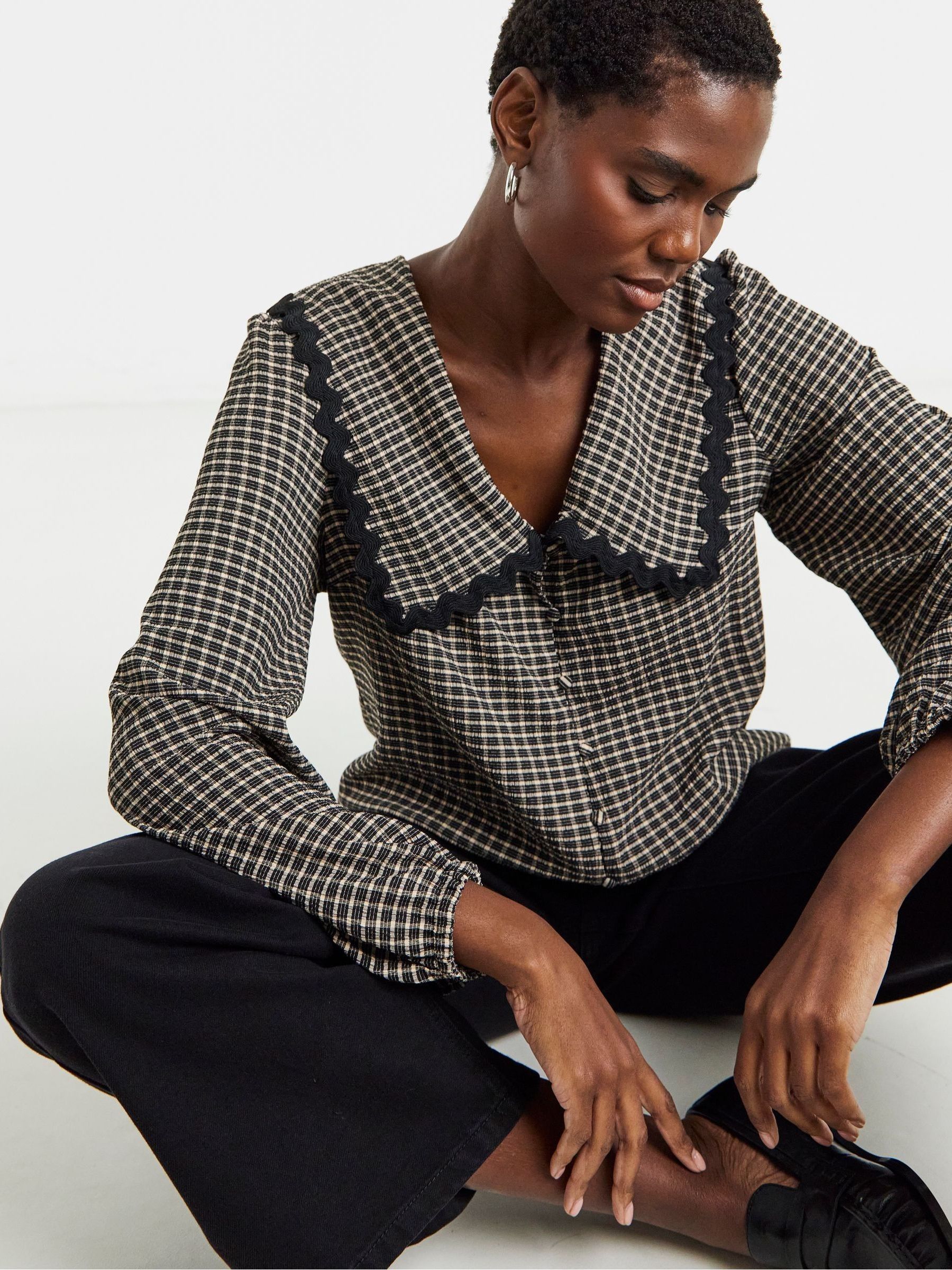 Buy JD Williams Black Gingham Collar Button Through Blouson Top from ...