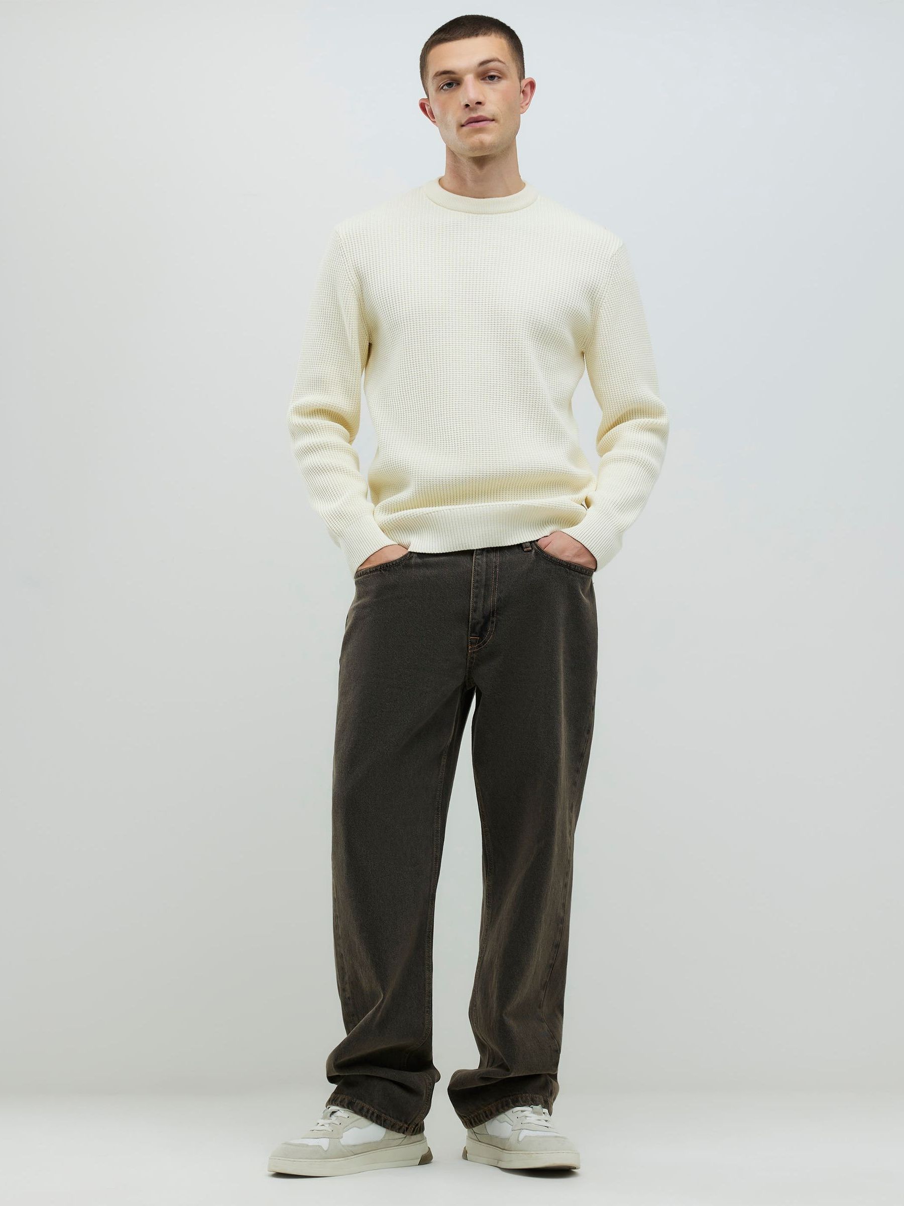 Buy River Island Cream Slim Fit Crew Neck Waffle Knit Jumper from the ...