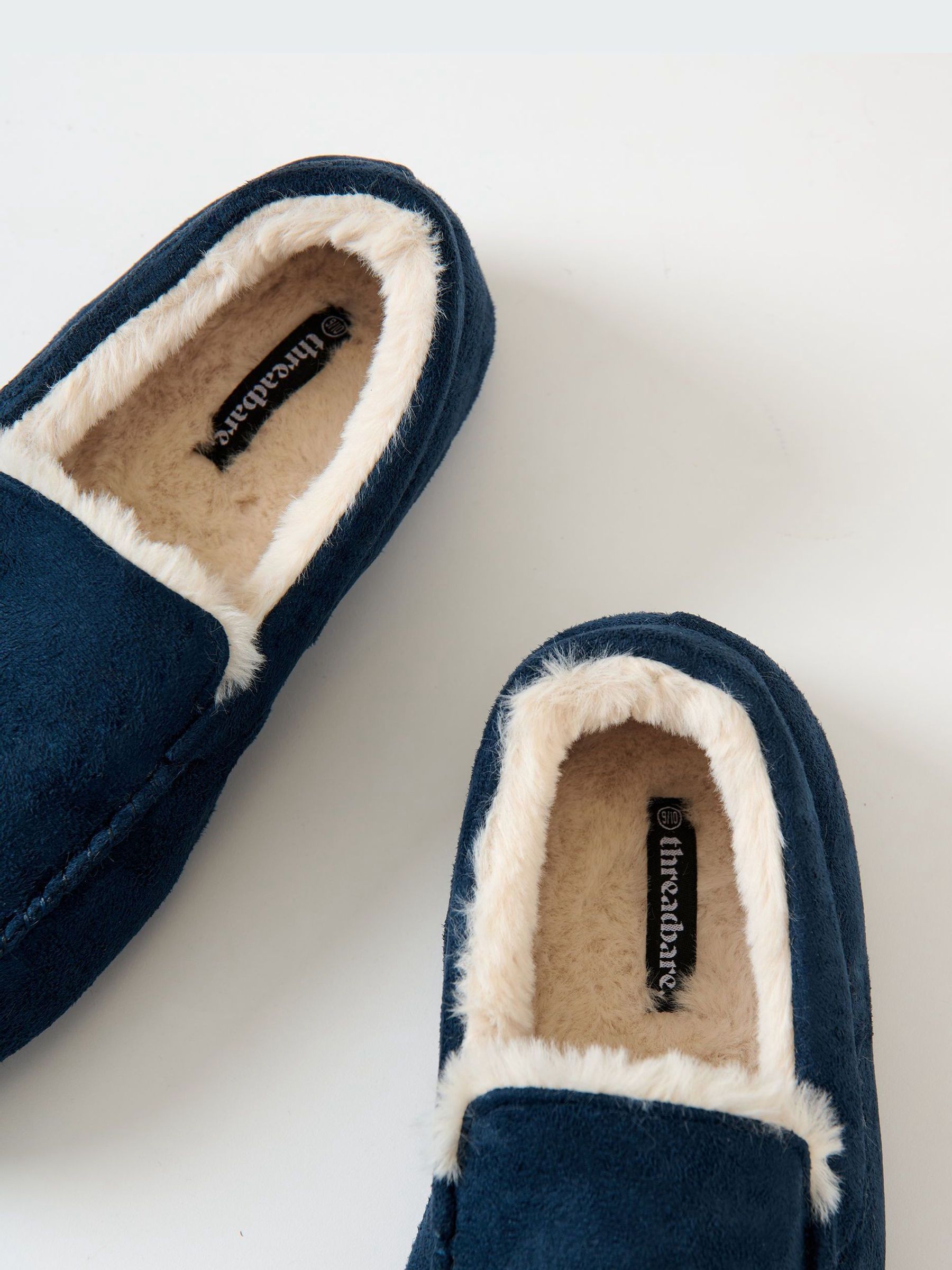 Buy Threadbare Blue Faux Suede Faux Fur Lined Moccasin Slippers from ...